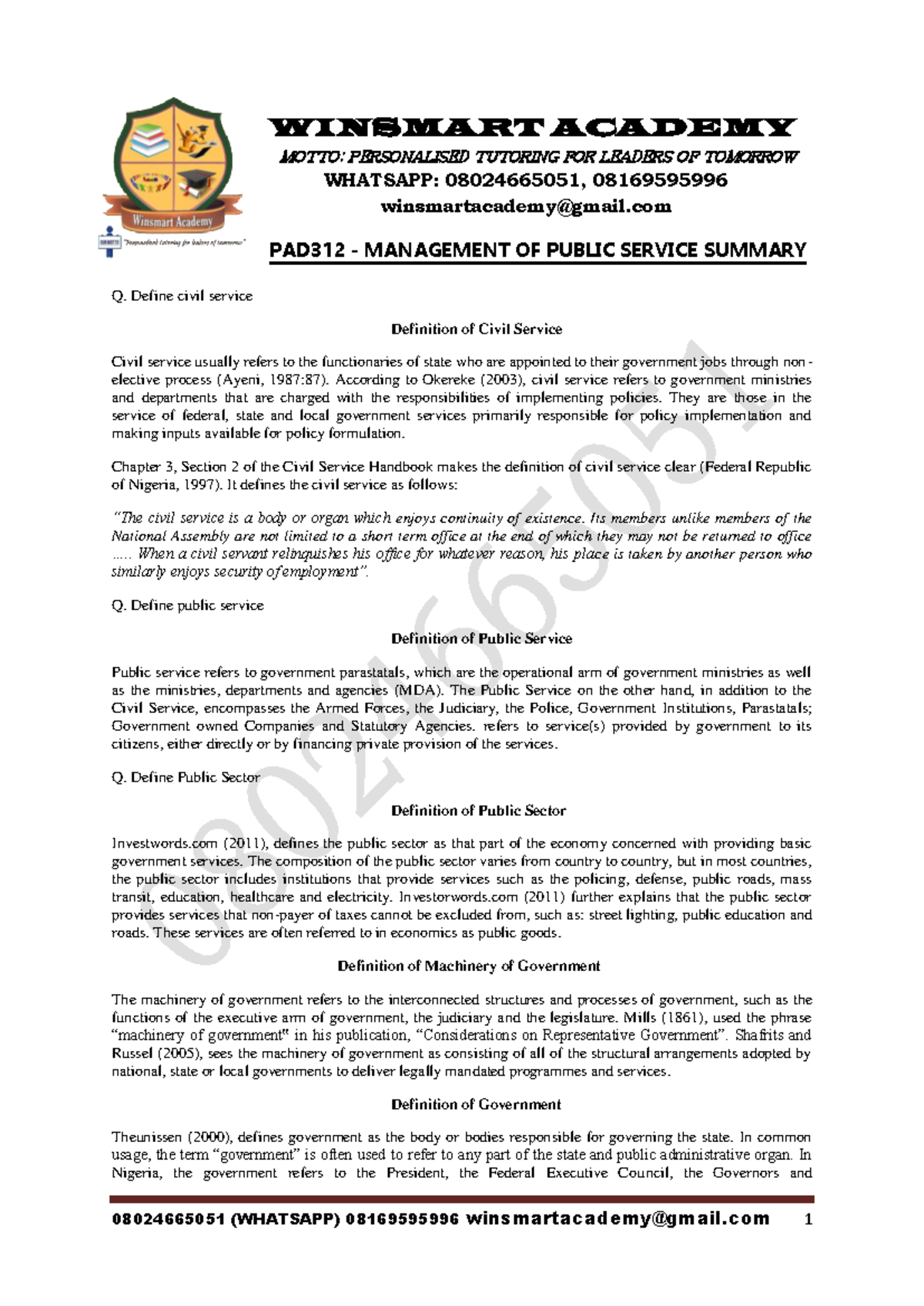 PAD312 Management of Public Service: Exam Summary & Key Concepts - Studocu