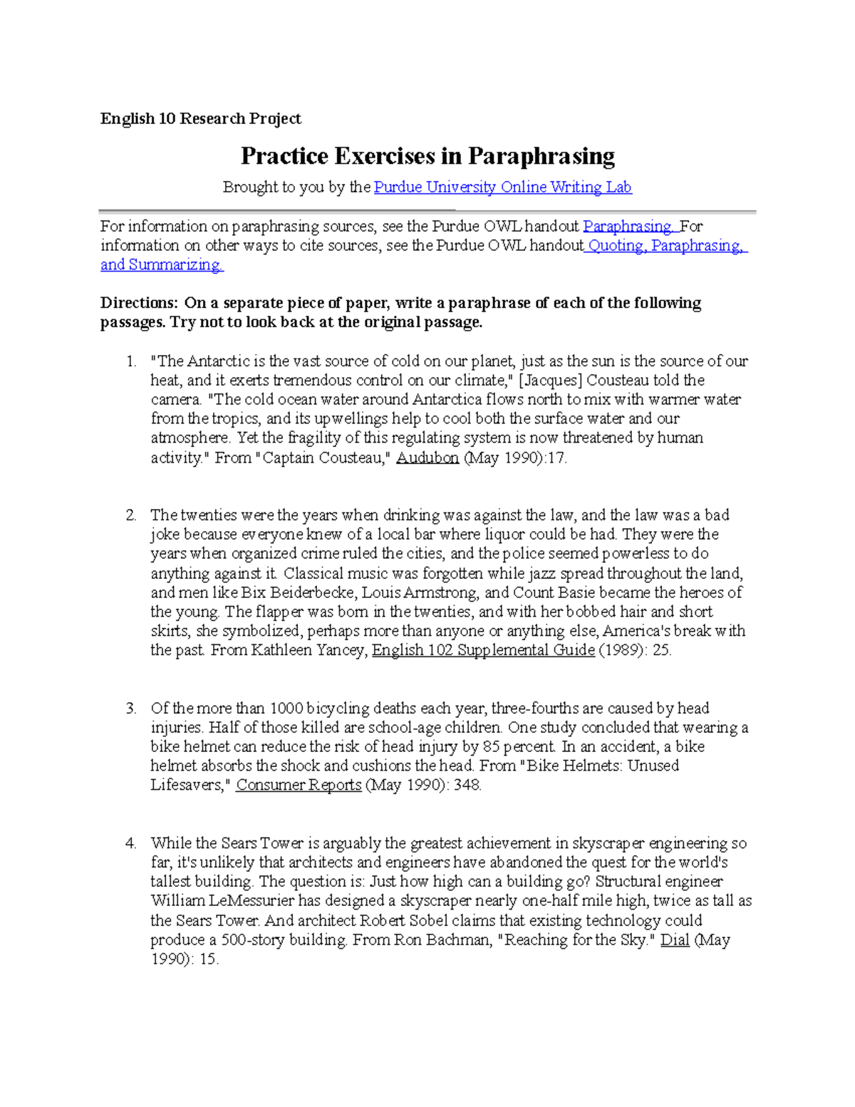 English 10 Research Project: Paraphrasing Practice & Answers - Studocu
