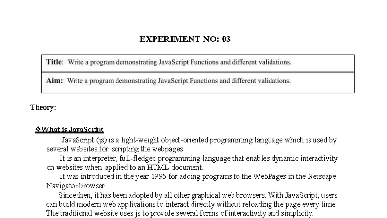 WT Exp No 03: JavaScript Basics and Form Validation Techniques - Studocu
