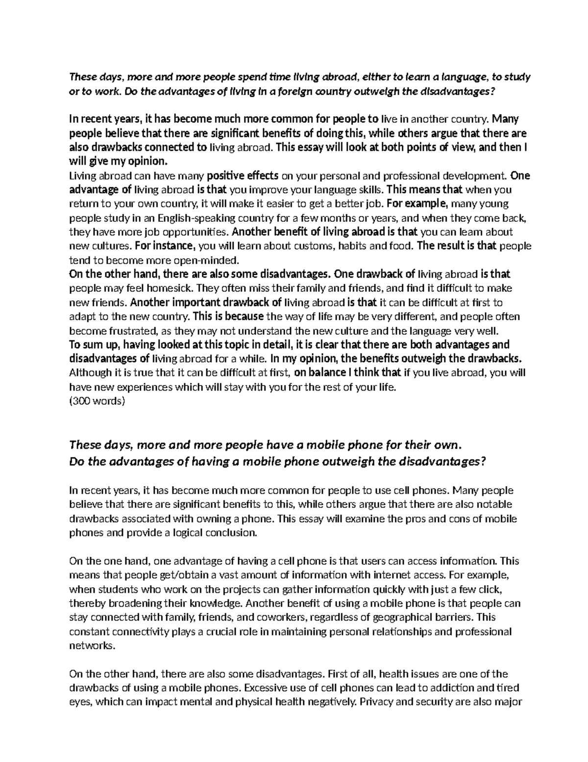Advan and Disadvan of Living Abroad and Mobile Phones: An Essay - Studocu