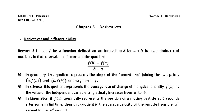 MATH1013 Calculus I L02, L10 (Fall 2025) Chapter 3 Derivatives Notes ...