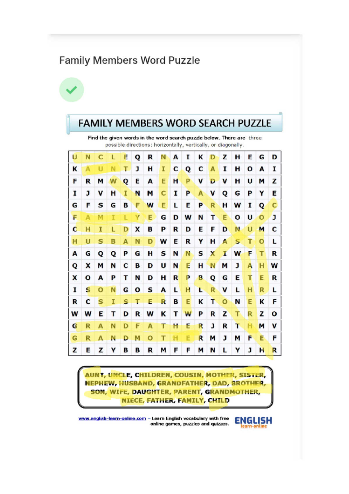 Family Members Word Search Puzzle Activity - English Vocabulary - Studocu