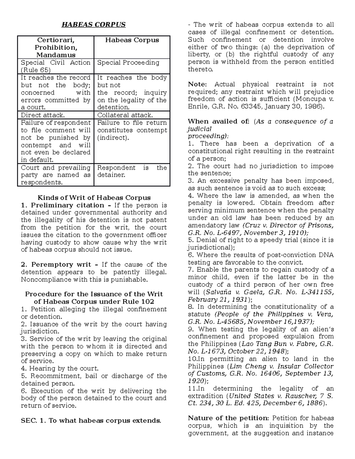 HABEAS CORPUS NOTES - Overview and Procedures Explained - Studocu