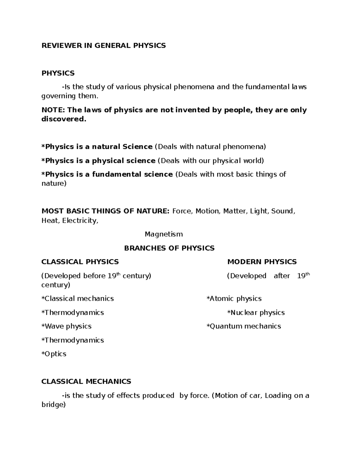 General Physics Reviewer - Key Concepts and Branches Overview - Studocu