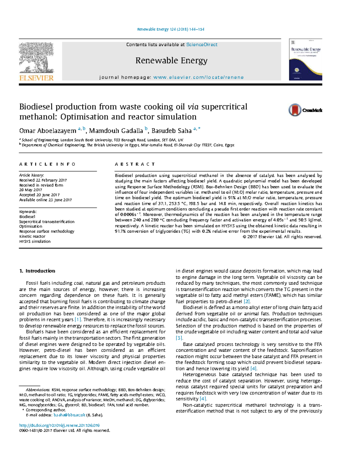 Biodiesel Production from Waste Cooking Oil via Supercritical Methanol ...