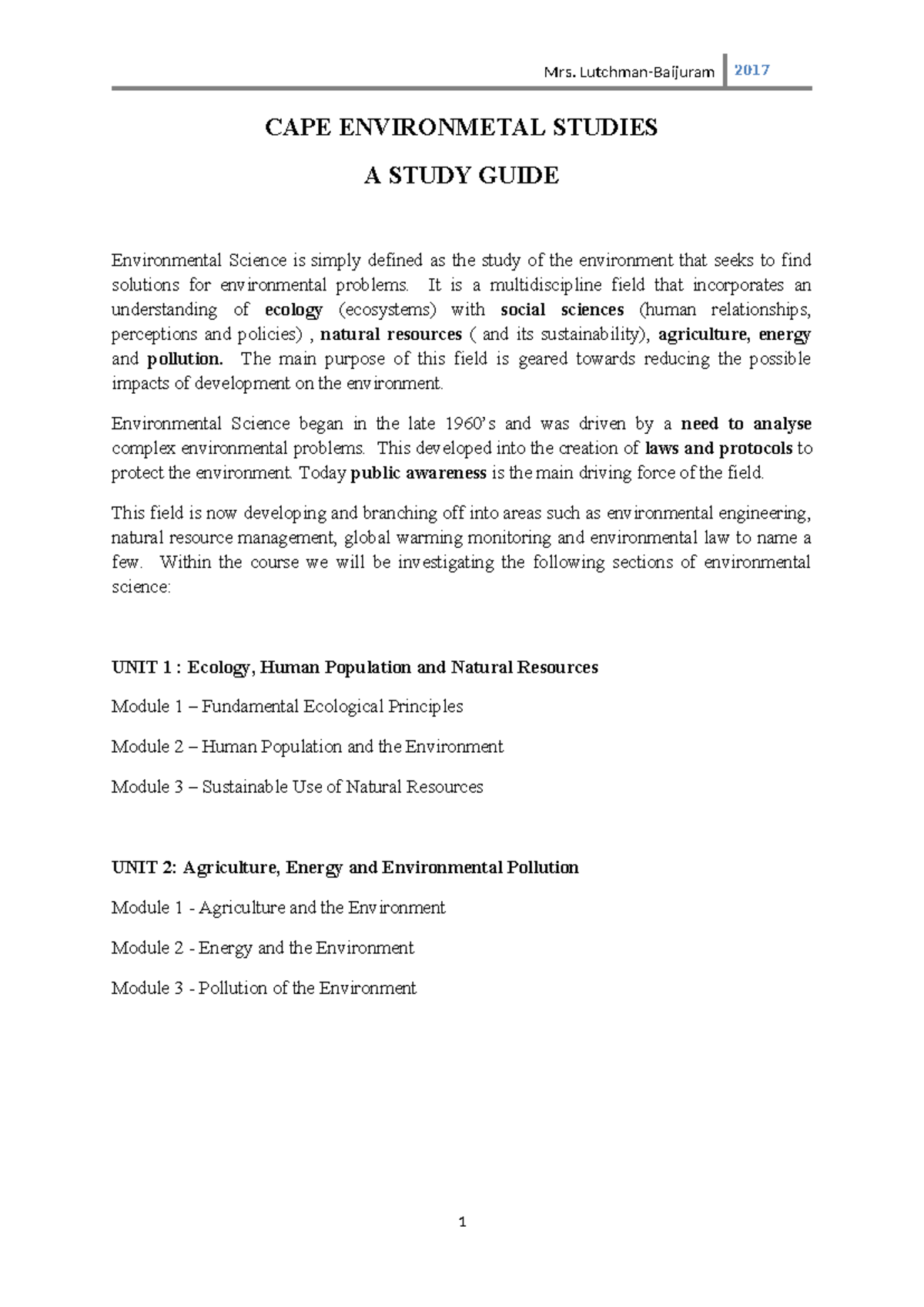 CAPE Environmental Studies 2017 Study Guide: Key Concepts and Topics ...