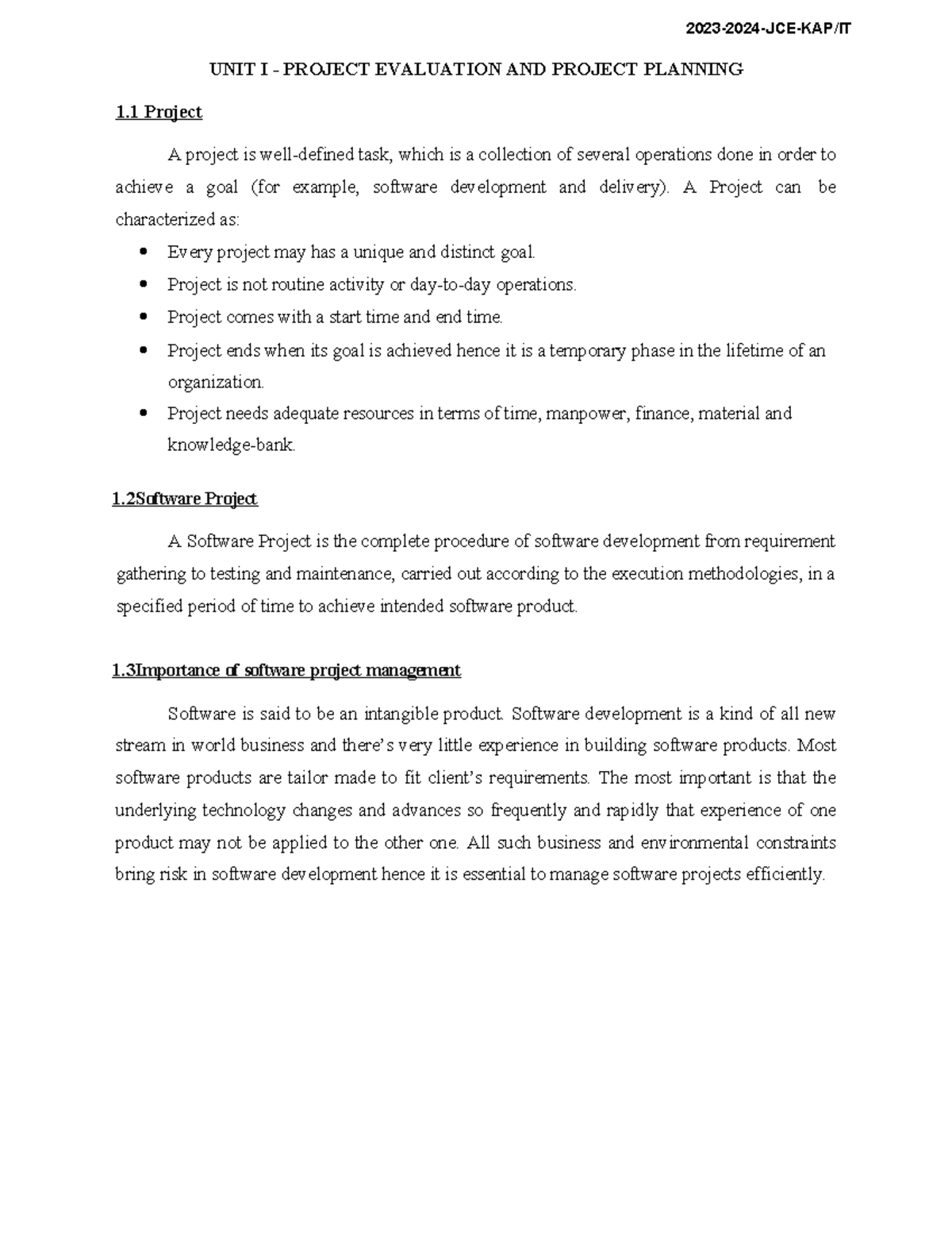 SPM UNIT 1 Notes - UNIT I - PROJECT EVALUATION AND PROJECT PLANNING 1 ...