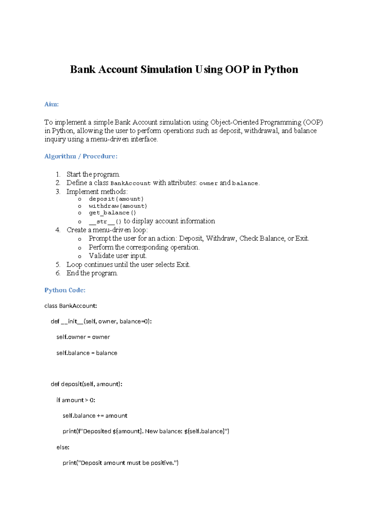 Bank Account Simulation (OOP) in Python: Implementation Guide - Studocu