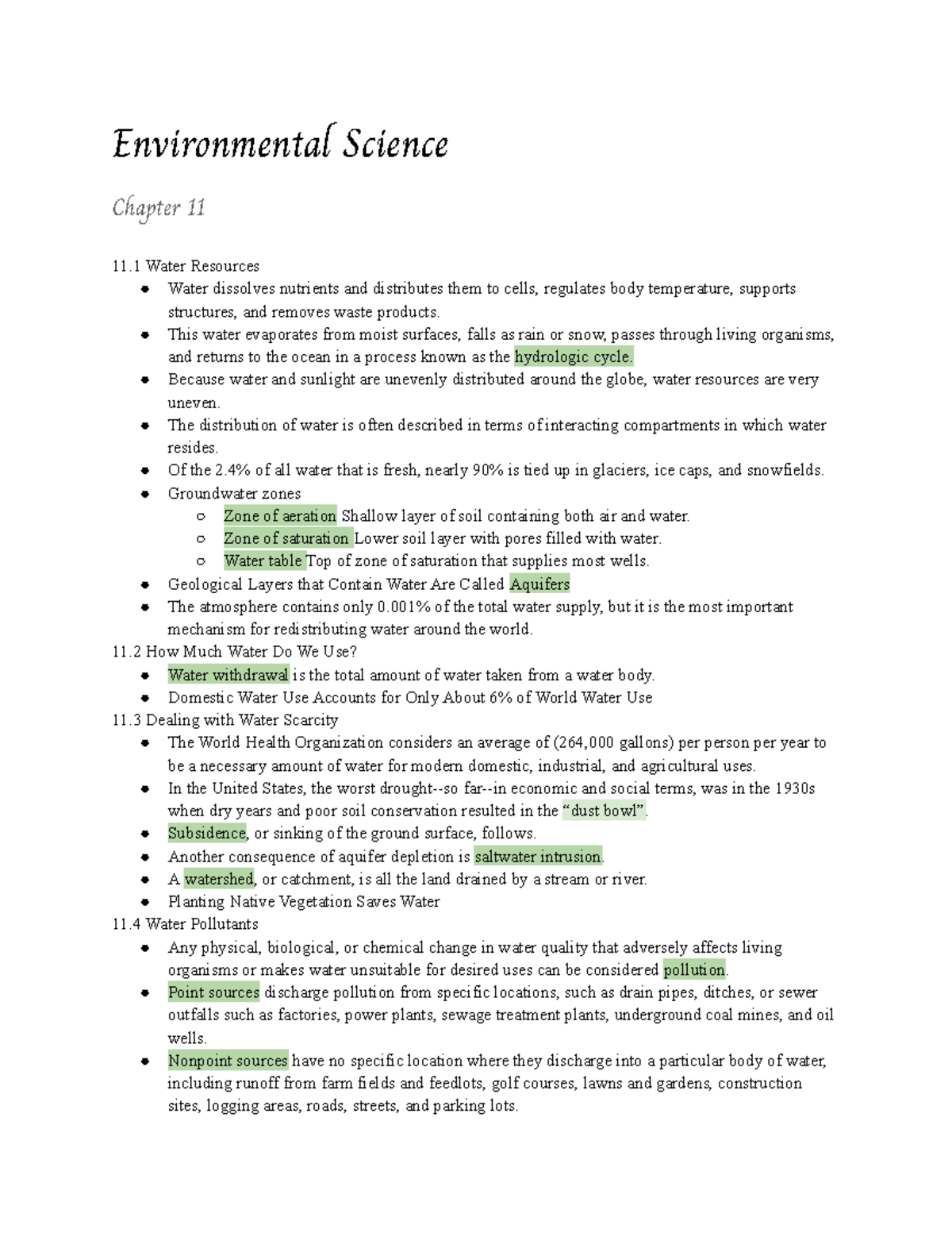 Environmental Science 11 - Environmental Science Chapter 11 11 Water ...