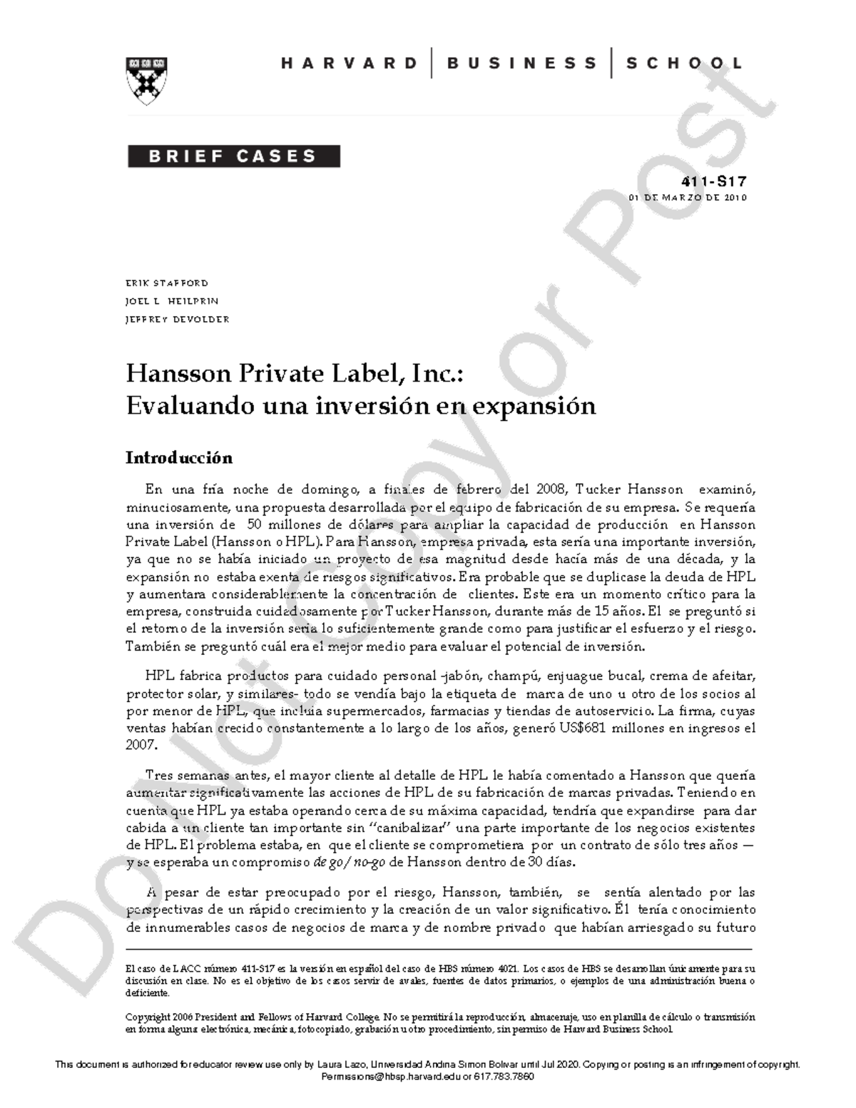 411-S17 | Caso Hansson Private Label: Evaluación de Inversión en ...