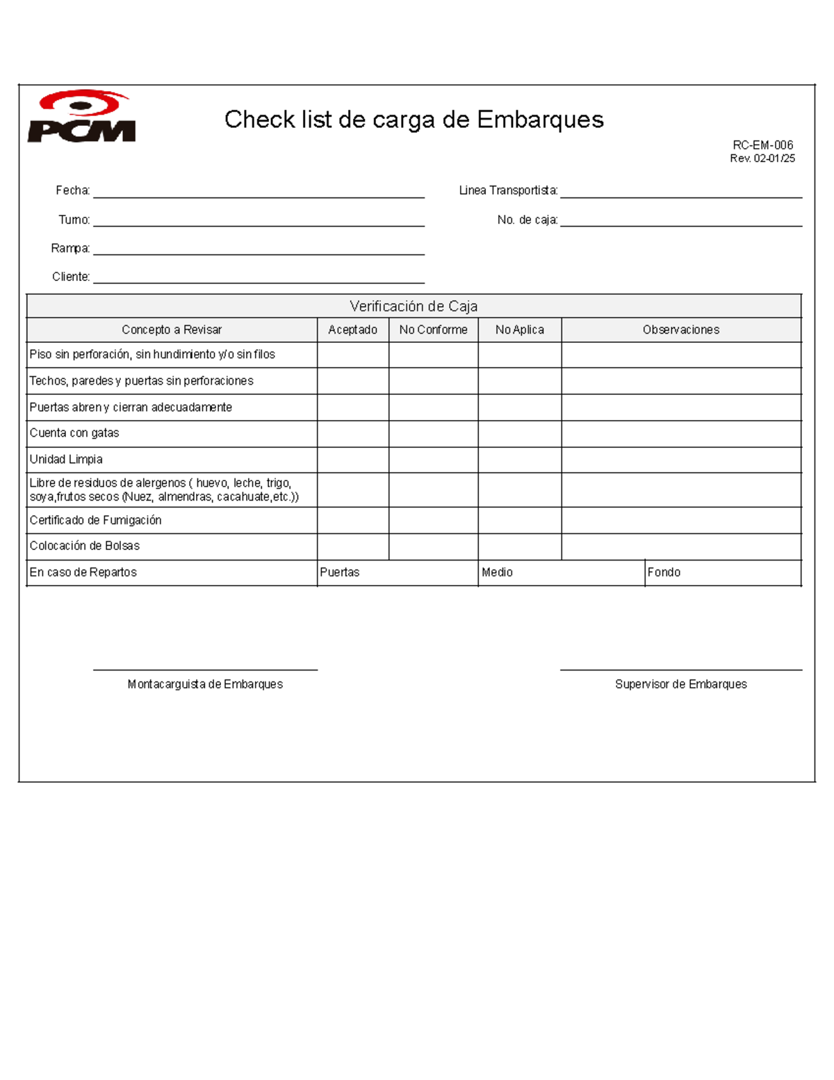 Check List de Carga de Embarques - Check list de carga de Embarques Rev ...