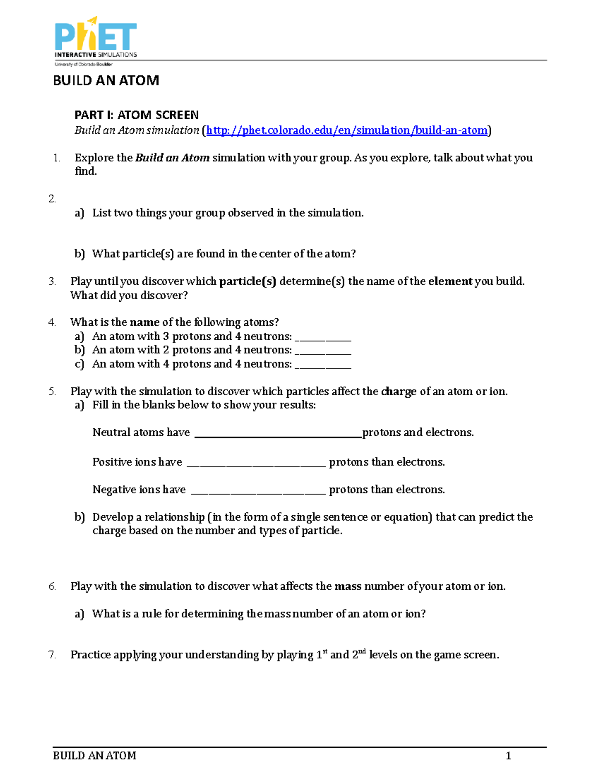 Build An Atom Guided Inquiry Student Handout - BUILD AN ATOM PART I: ATOM SCREEN Build an Atom ...