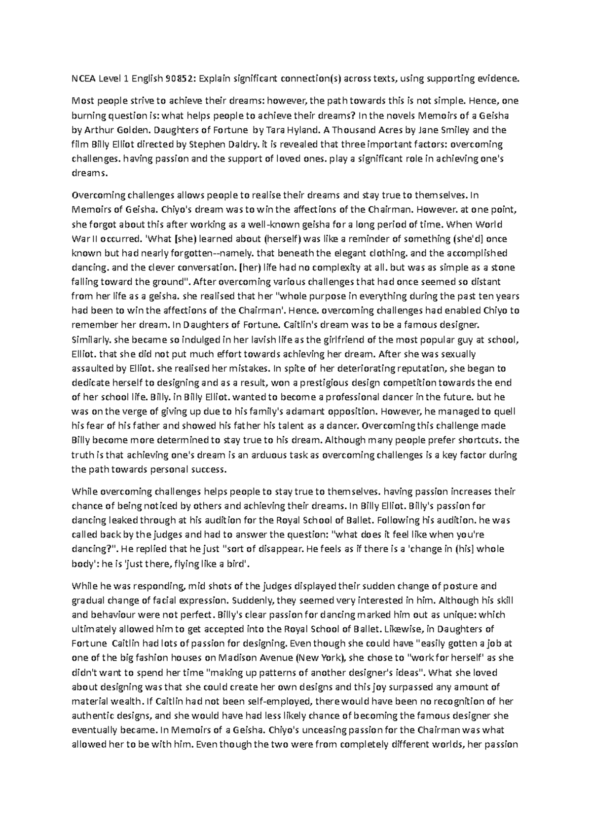 NCEA Level 1 English 90852: Connections Across Texts on Dreams - Studocu