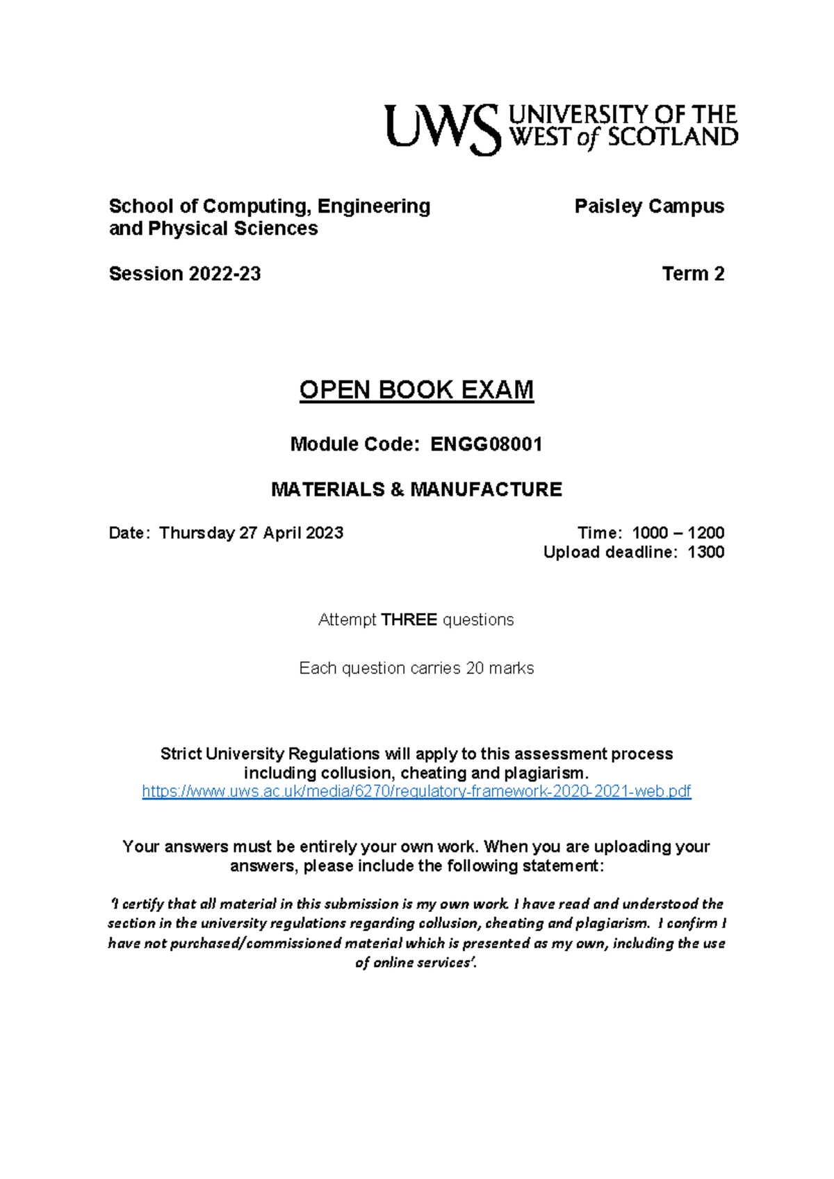 ENGG08001 Open Book Exam: Materials & Manufacture April 2023 - Studocu