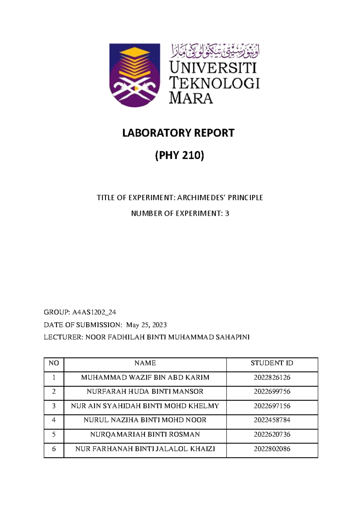 Laboratory Report PHY210 Experiment 3 - LABORATORY REPORT (PHY 210 ...