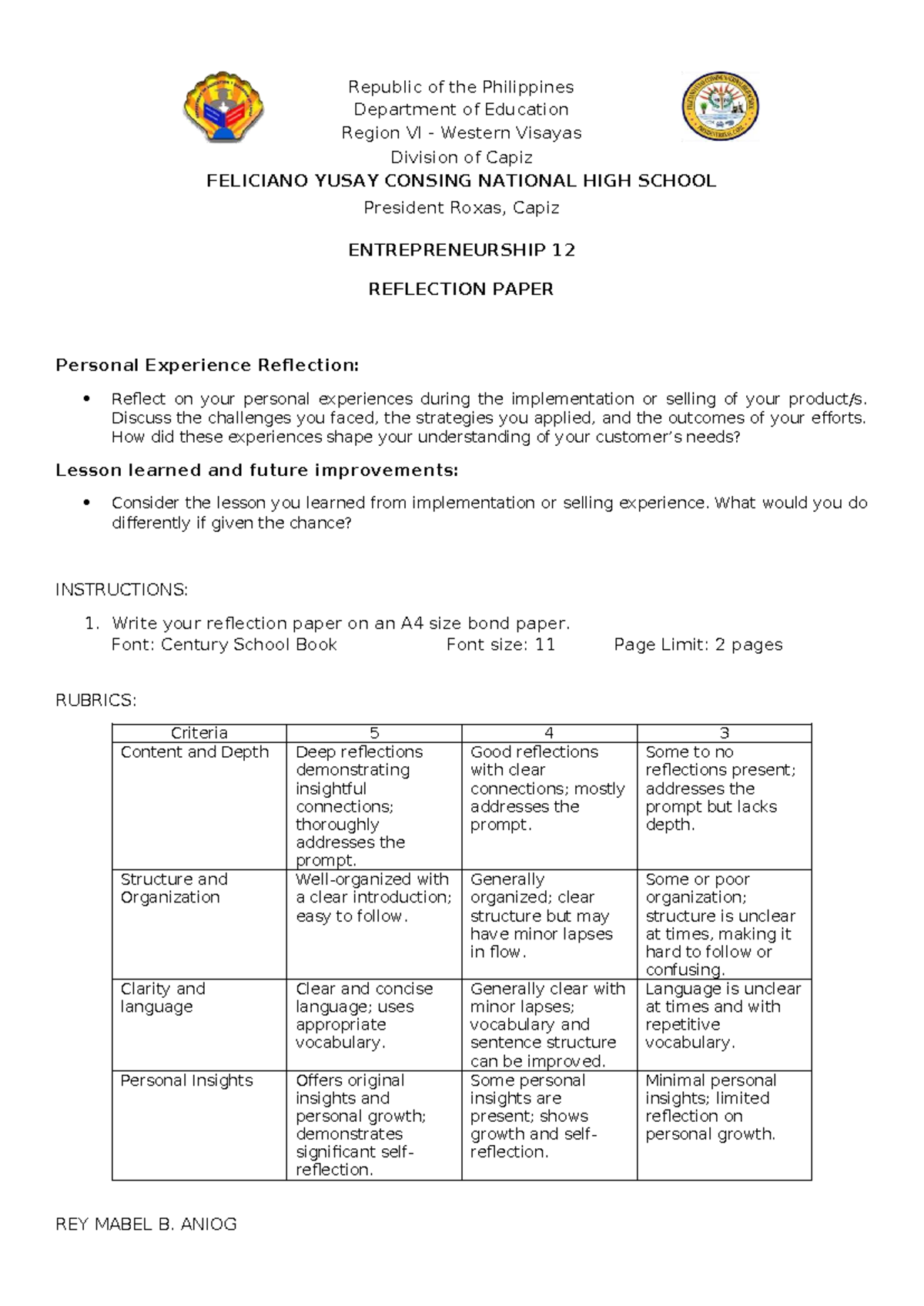 ENTREPRENEURSHIP 12: Reflection Paper on Personal Selling Experience ...