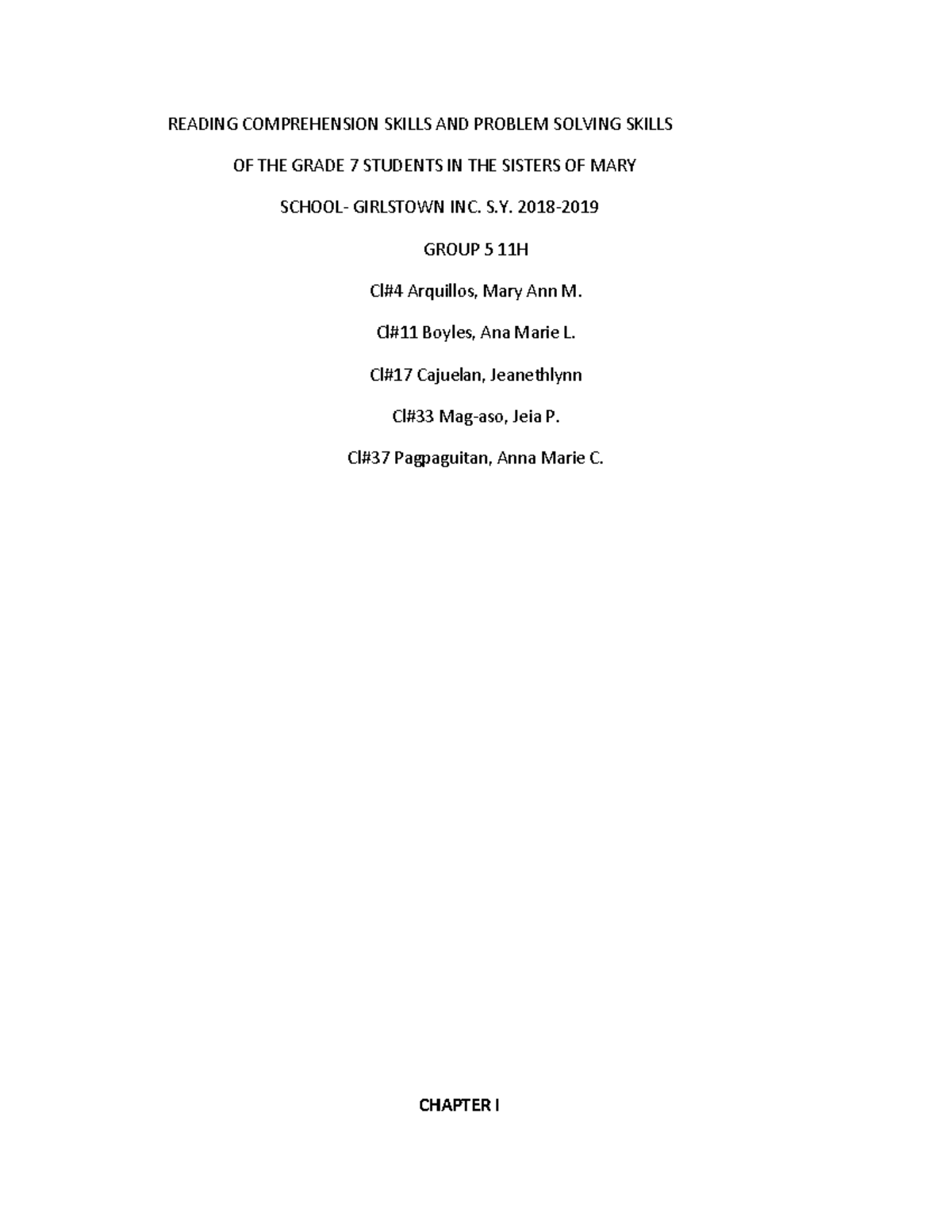 Reading Comprehension & Problem Solving Skills of Grade 7 Students - S.Y. 2018-2019 - Studocu