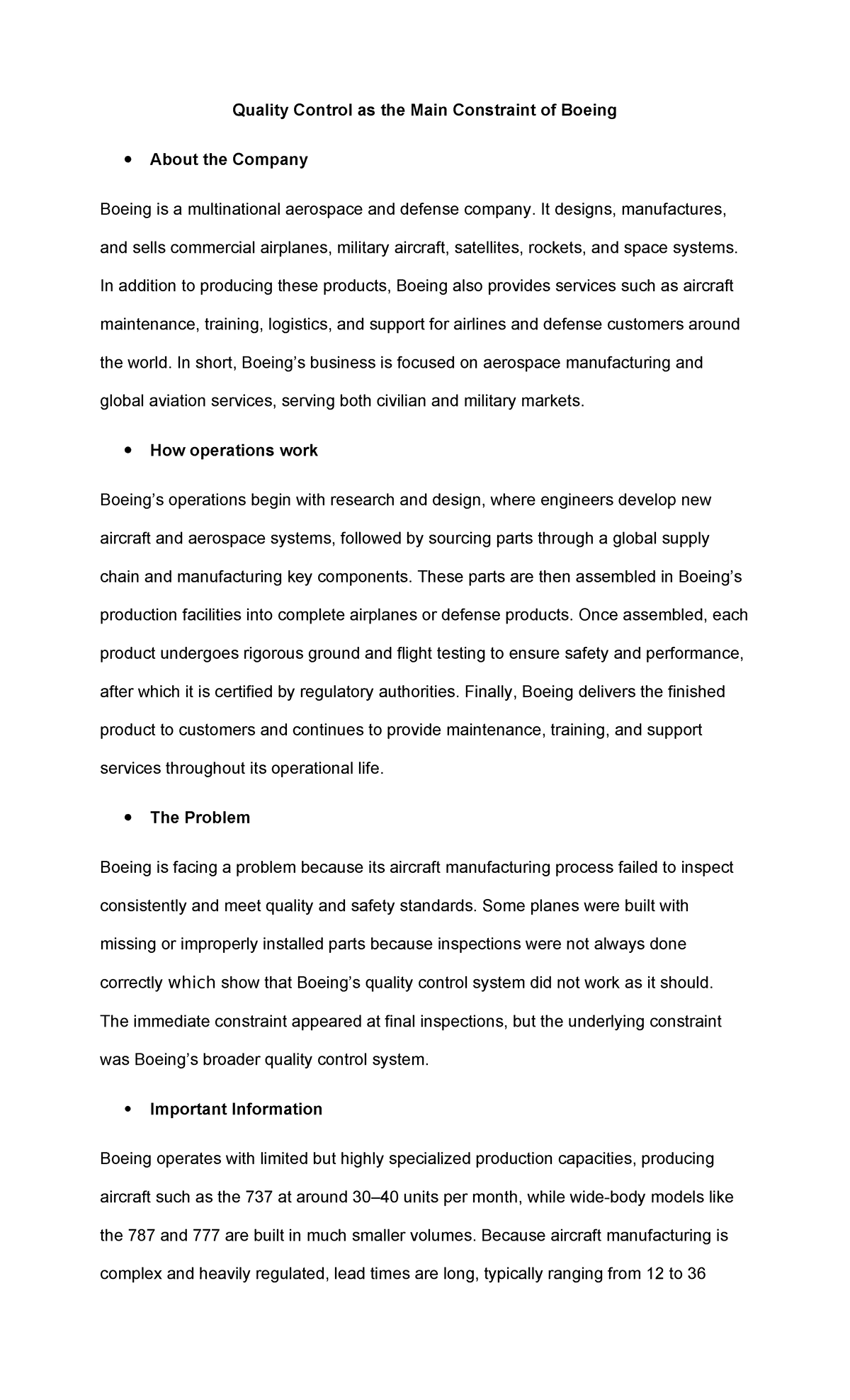 Boeing - Quality Control Challenges in Aerospace Manufacturing - Studocu