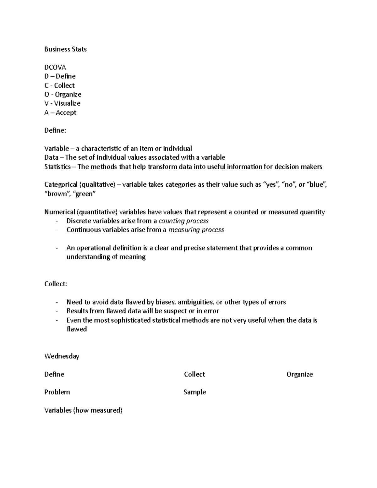 Business Stats Lecture Notes: Key Concepts & DCOVA Method Overview ...