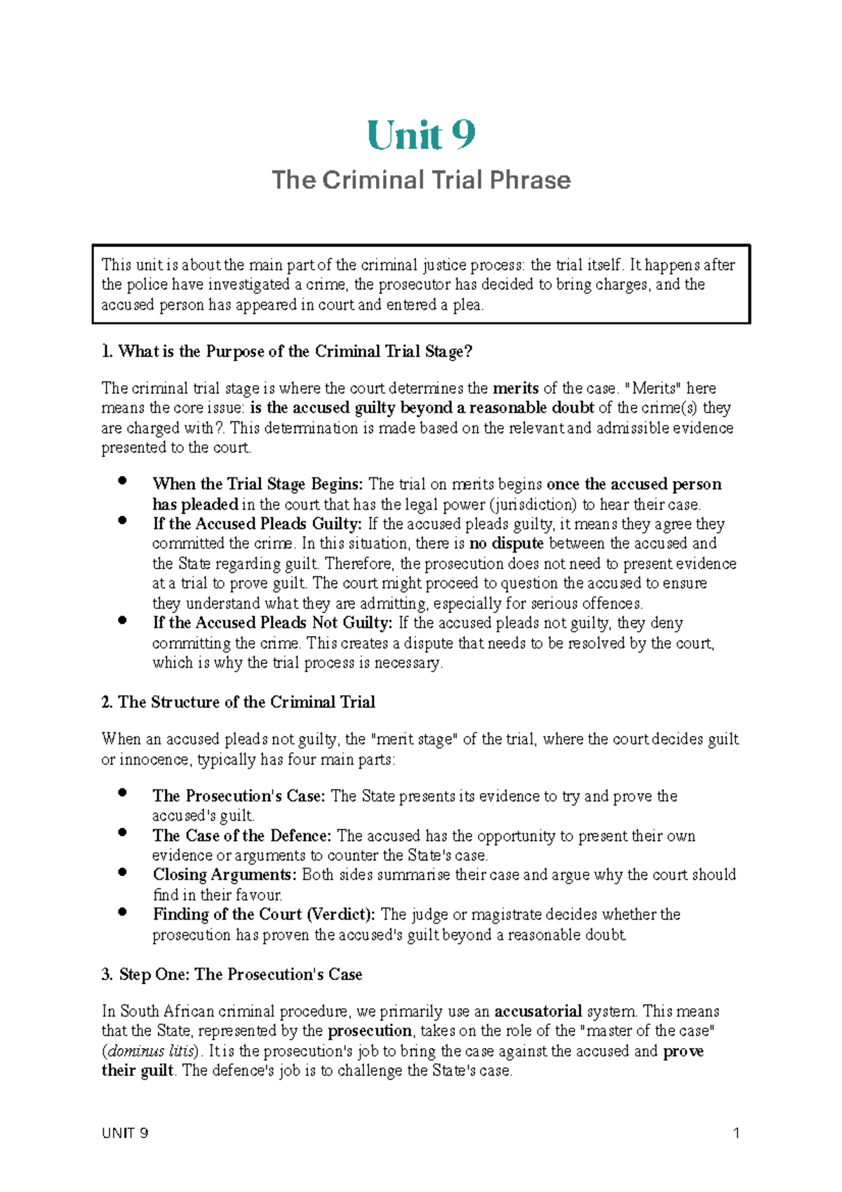 Unit 9: Overview of the Criminal Trial Process in South Africa - Studocu
