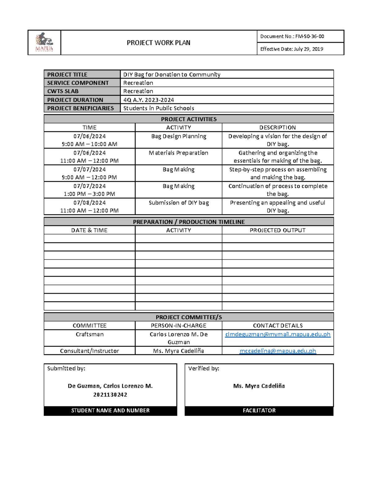 CWTS Project Work Plan: DIY Bag for Community Donation (4Q A 2023-2024) - Studocu