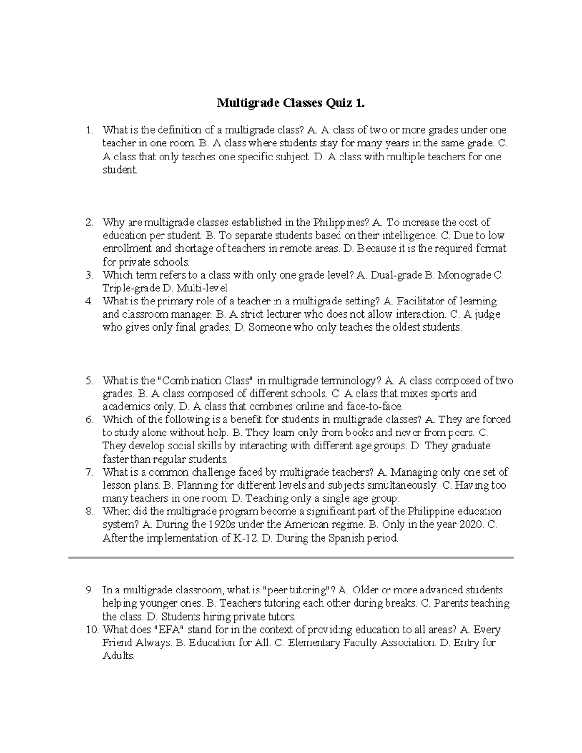 Multigrade Classes Quiz 1: Understanding Key Concepts and Challenges ...