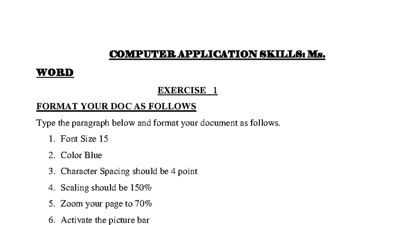 MS WORD Exercise 1 - COMPUTER APPLICATION SKILLS: Ms. WORD EXERCISE 1 ...