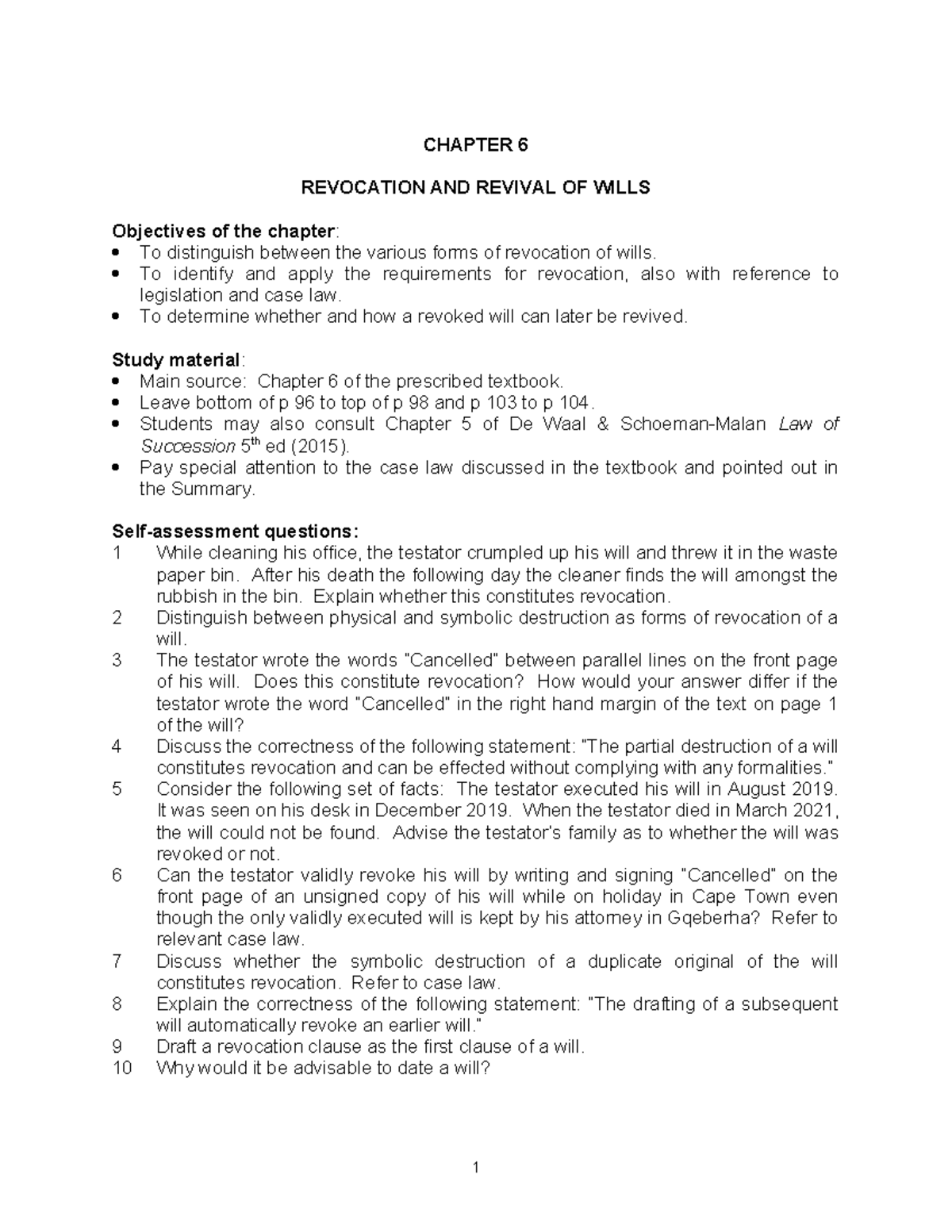 Law of Succession Chapter 6 - CHAPTER 6 REVOCATION AND REVIVAL OF WILLS ...