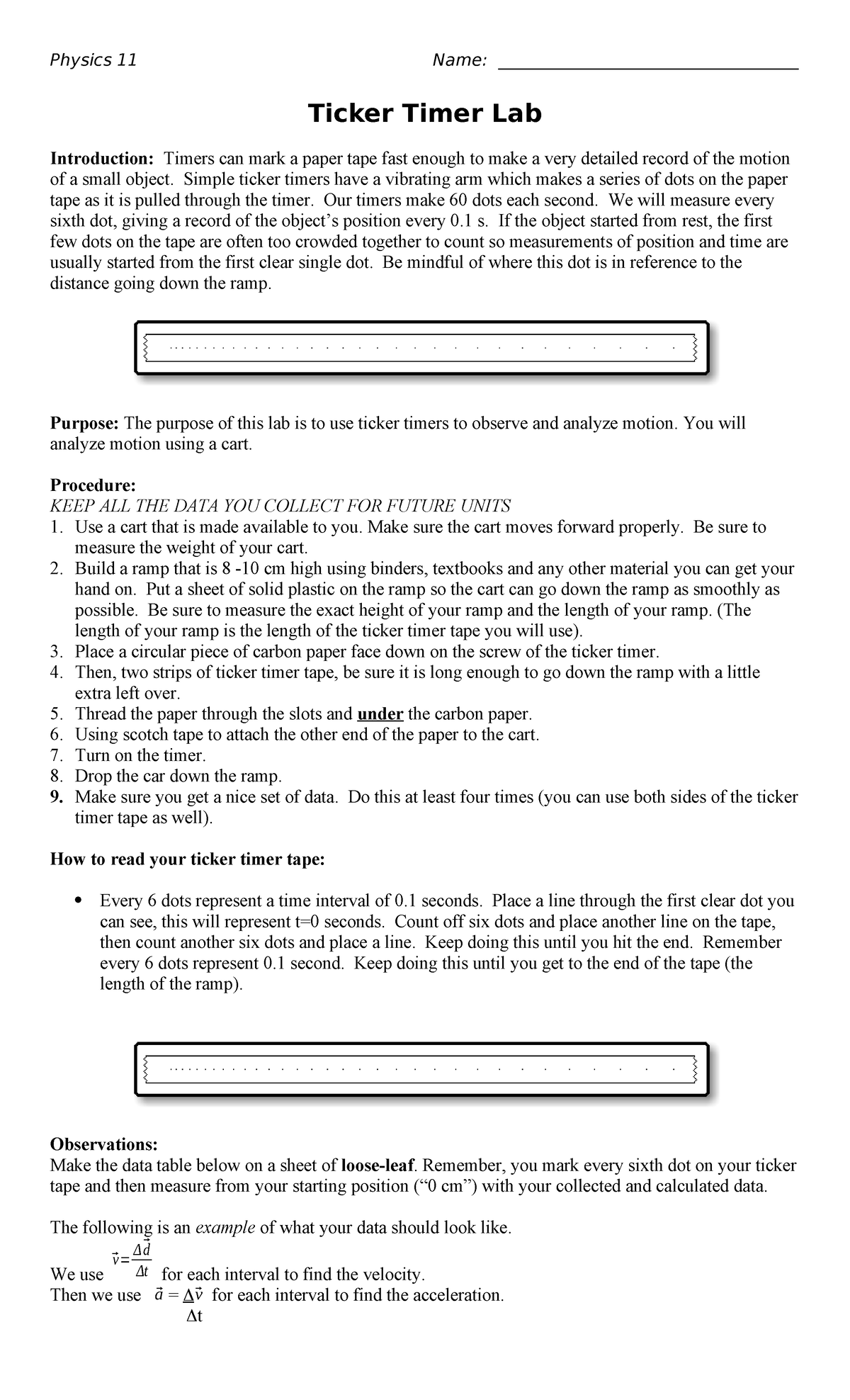 Physics 11: Ticker Timer Lab on Motion Analysis - Studocu