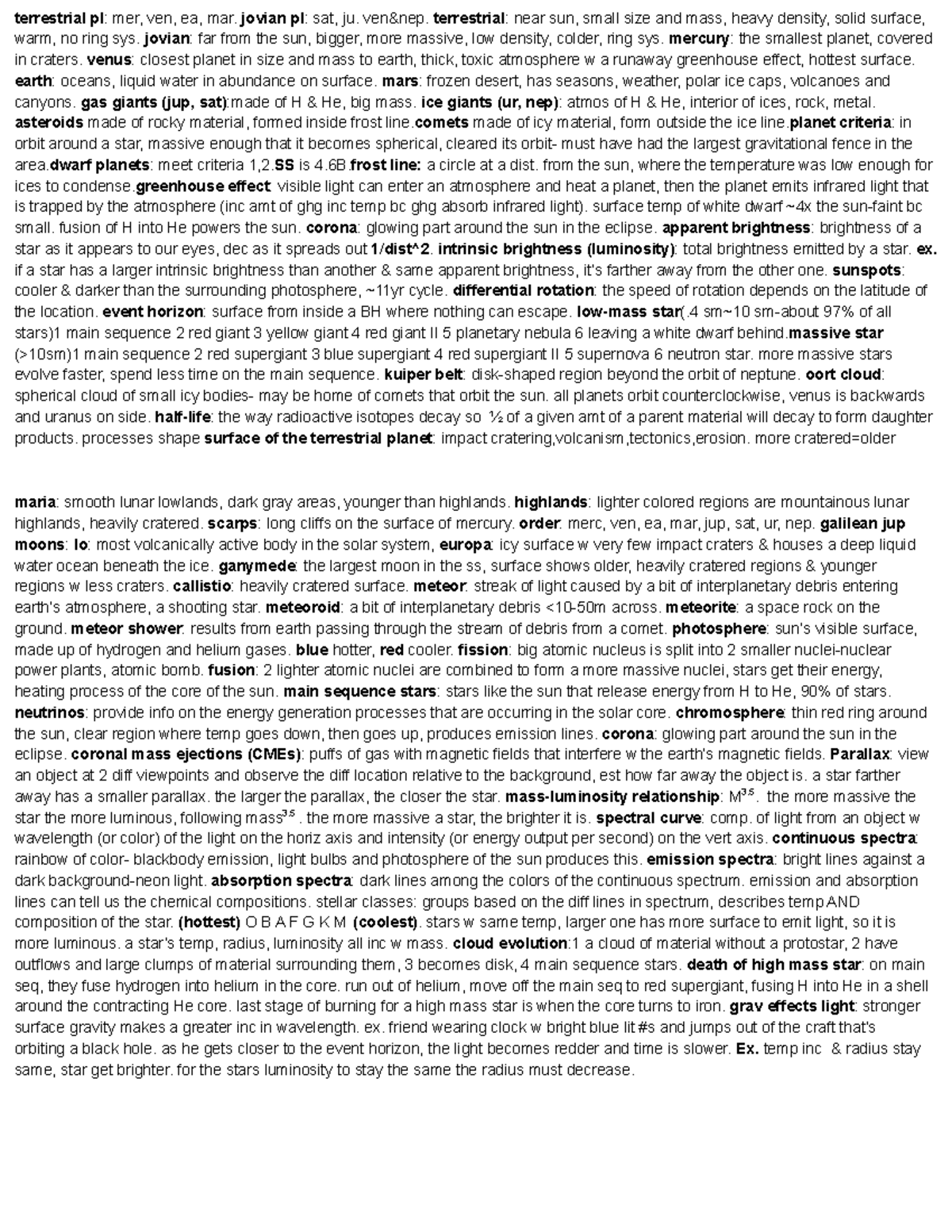ASTR 100 2nd midterm cheat sheet - front side - terrestrial pl : mer ...