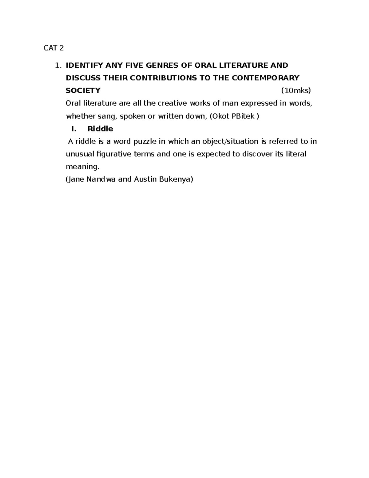 CAT 2 - English major - Education Arts - CAT 2 1. IDENTIFY ANY FIVE ...