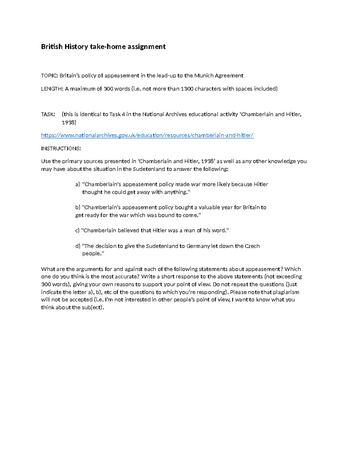 British History Take-home Assignment: Appeasement Policy Analysis - Studocu