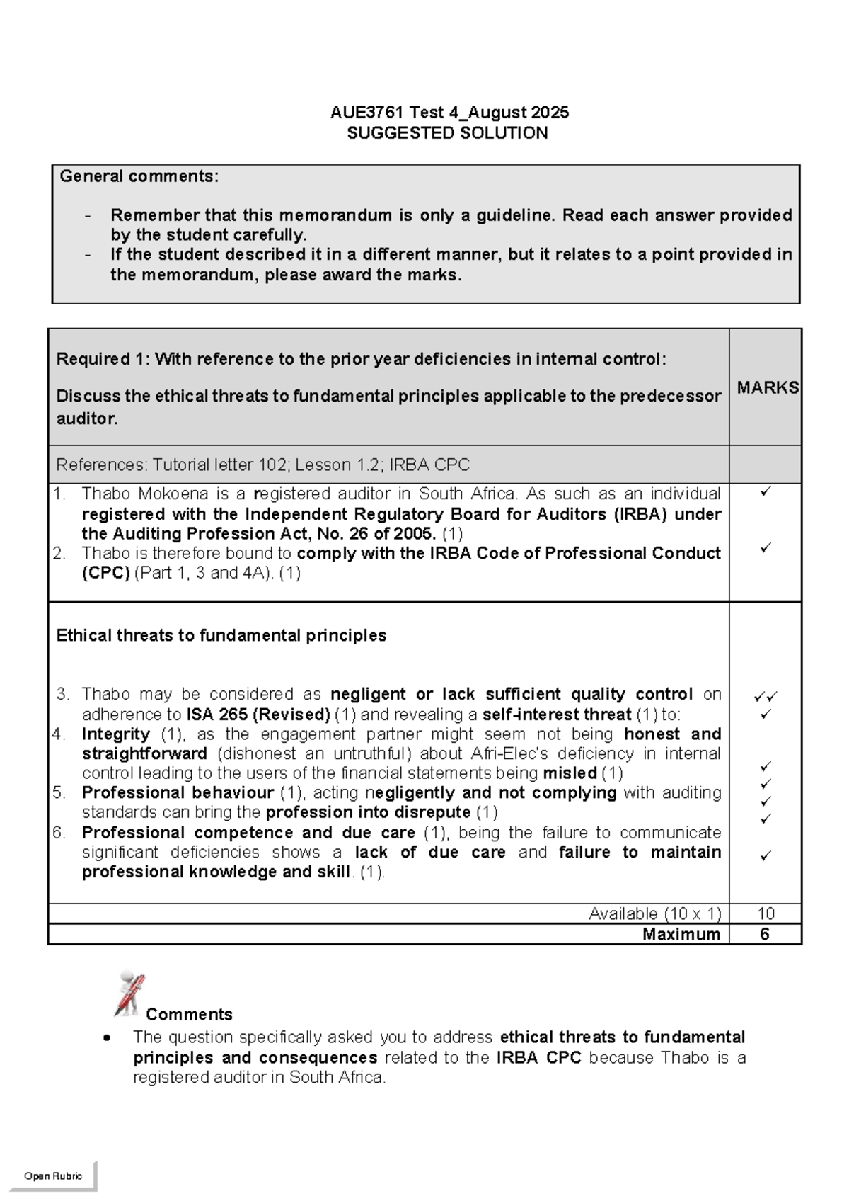 AUE3761 Test 4 August 2025 Suggested Solutions and Comments - Studocu