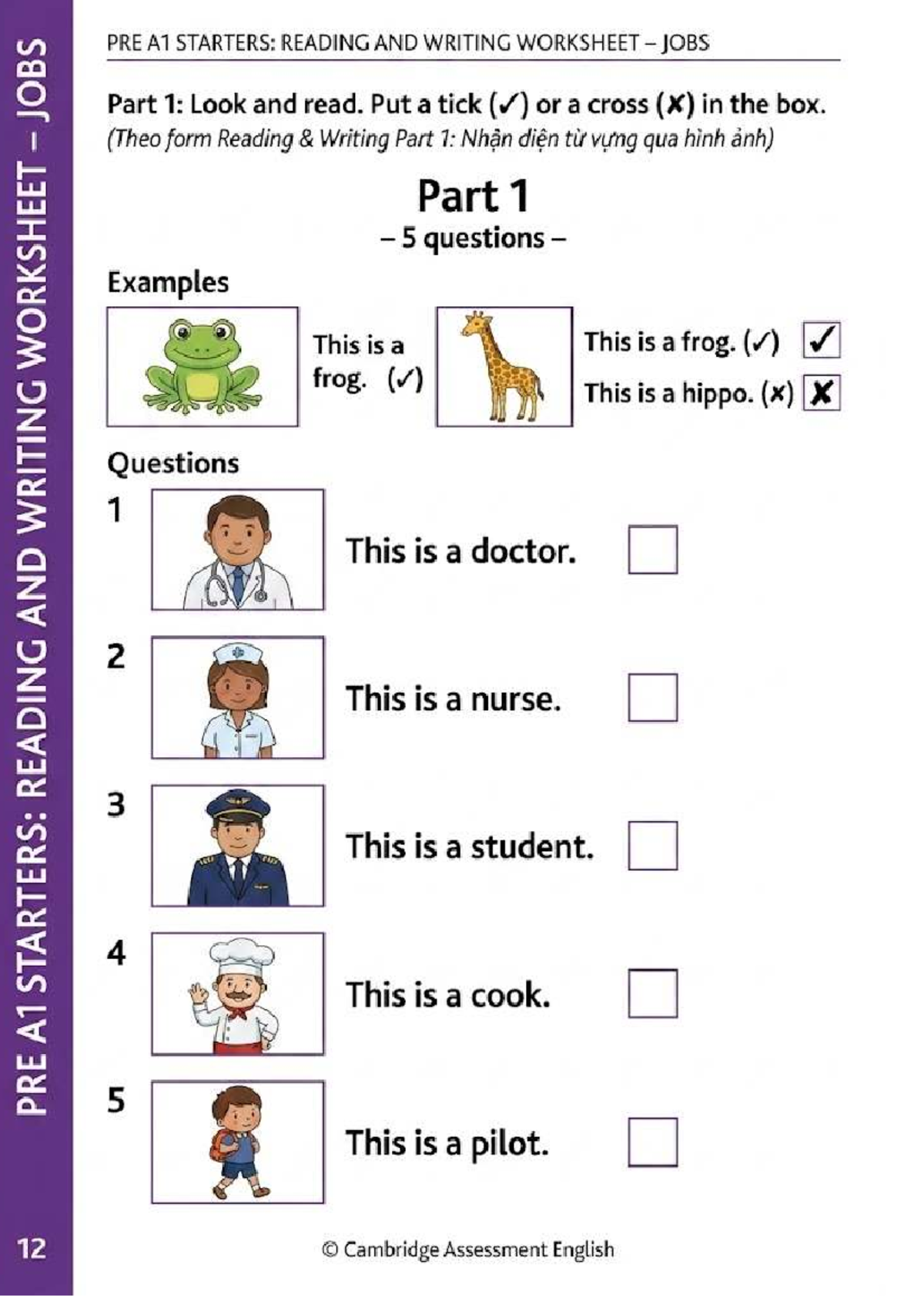 PRE A1 STARTERS: READING AND WRITING WORKSHEET JOBS - Studocu