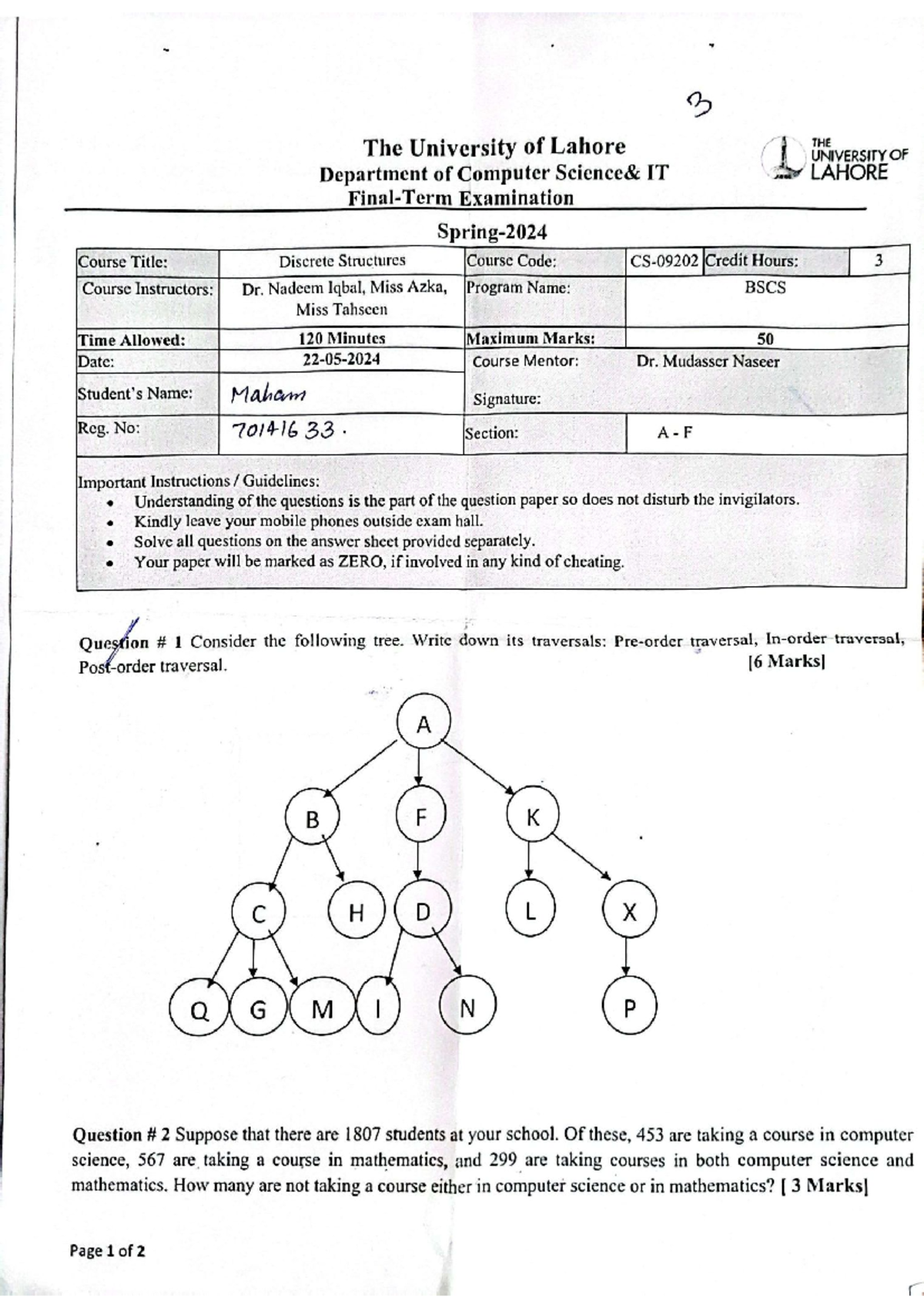 Discrete Structures Final Exam - Spring 2024 (Course Code: BSCS) - Studocu