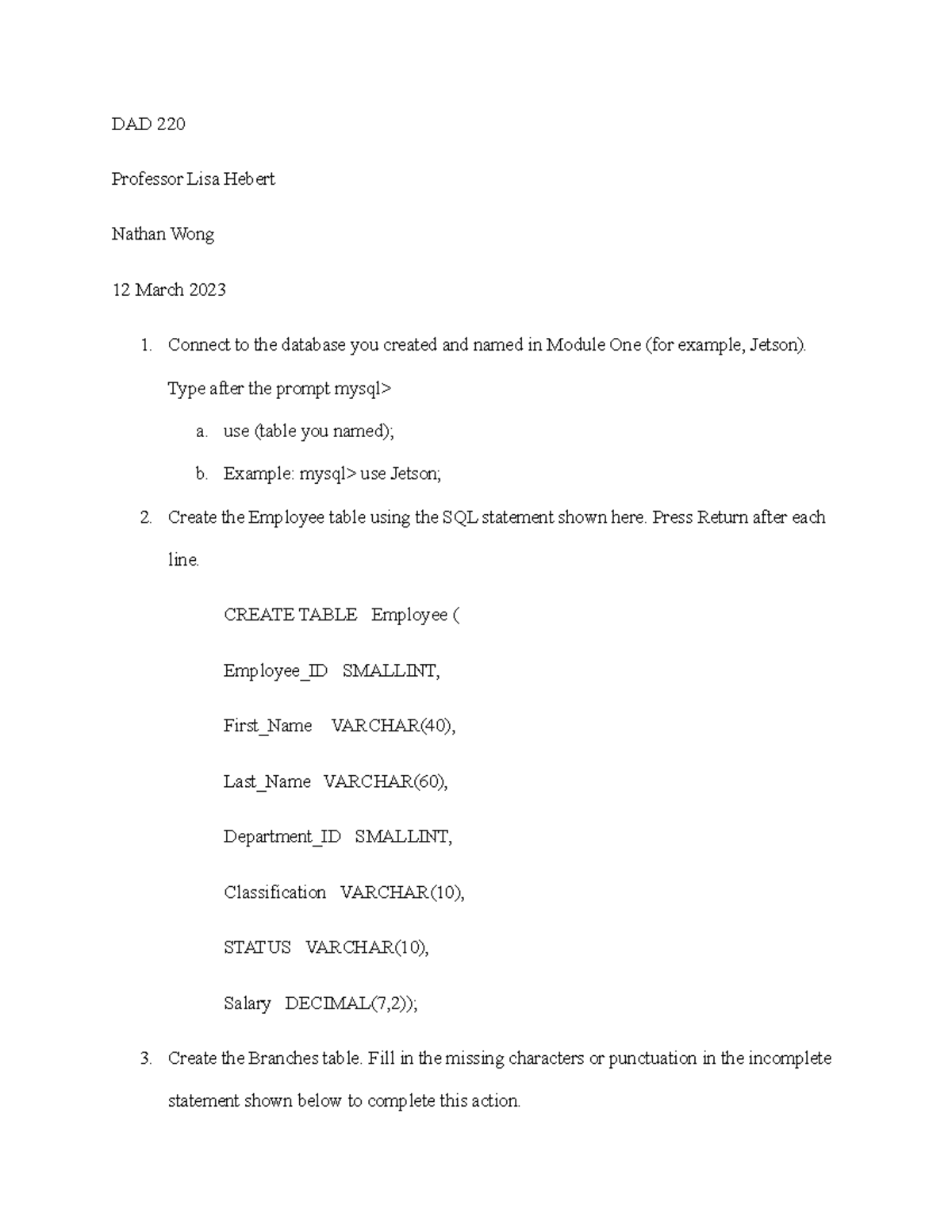 DAD 220 Module 2 Lab - DAD 220 Professor Lisa Hebert Nathan Wong 12 ...