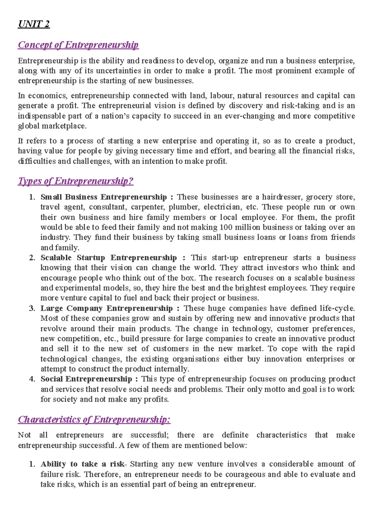 UNIT 2 - NOTES - UNIT 2 Concept of Entrepreneurship Entrepreneurship is ...