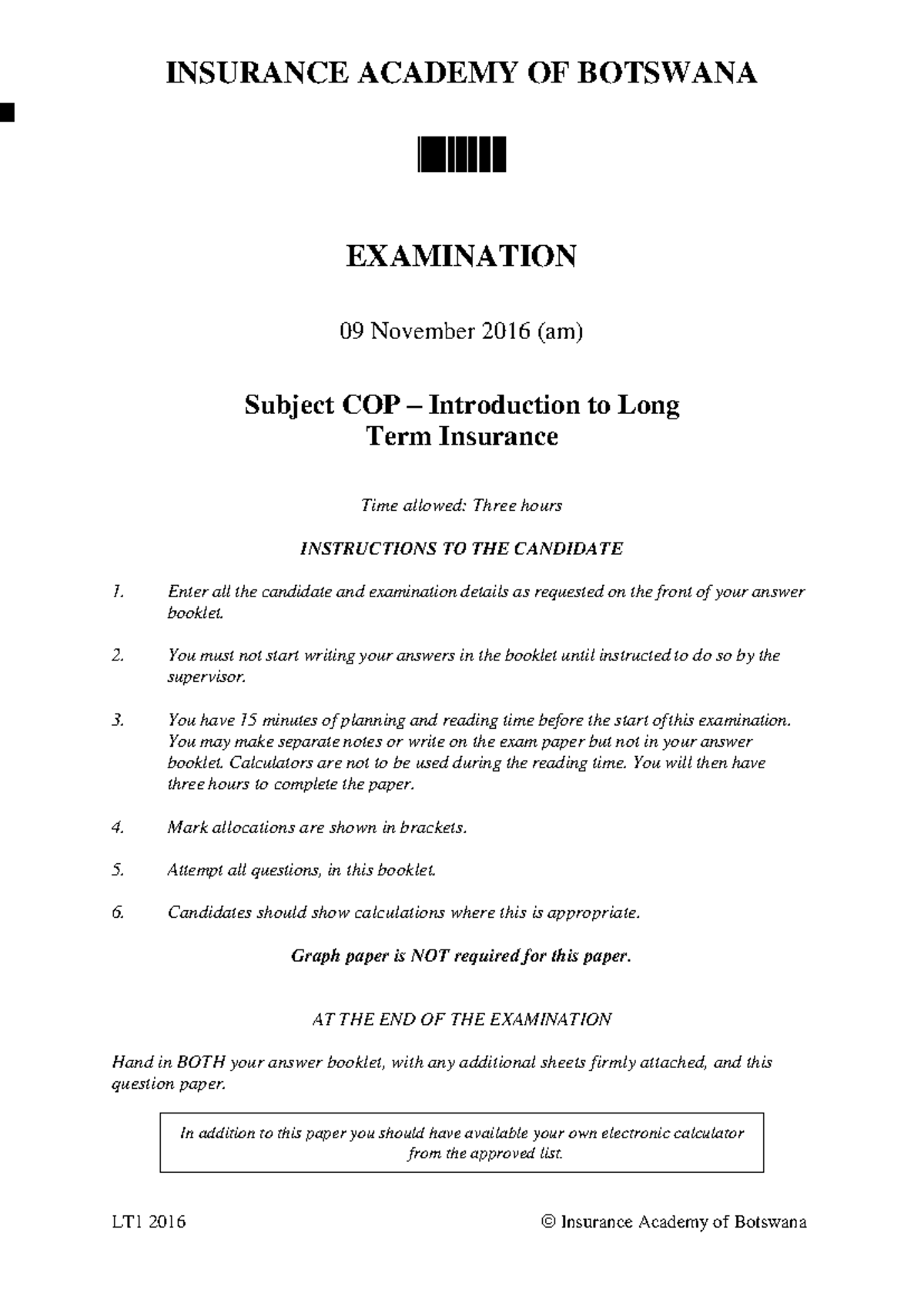I AB LT1 COP 2016 11 Past Exam Paper - Long Term Insurance Insights ...
