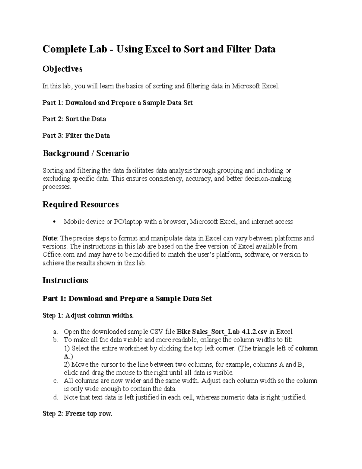 Complete Lab Using Excel To Sort And Filter Data Complete Lab Using Excel To Sort And