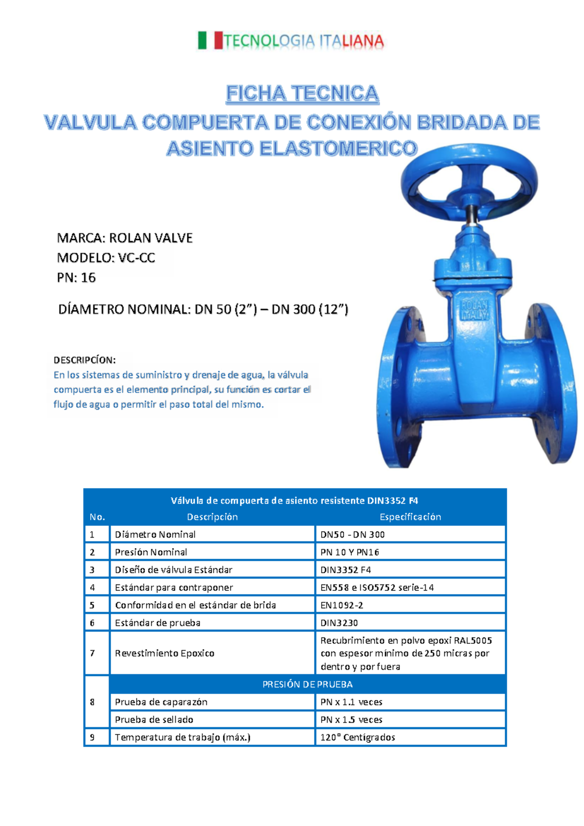 Ficha Tecnica Valvula Bridada Rolan - Válvula de compuerta de asiento resistente DIN3352 F No ...