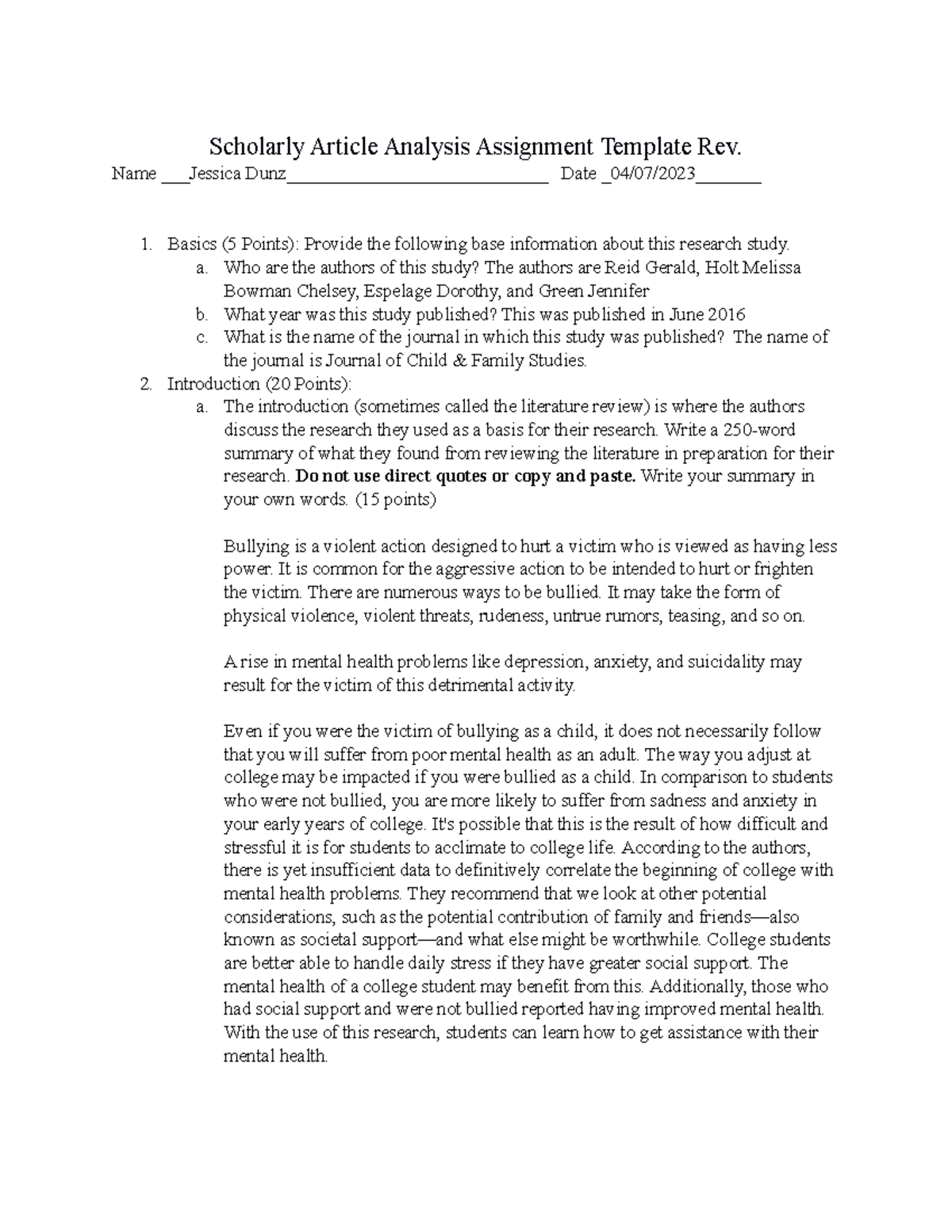DUNZ M04 Final Analysis of Scholarly Article on Bullying and Mental ...