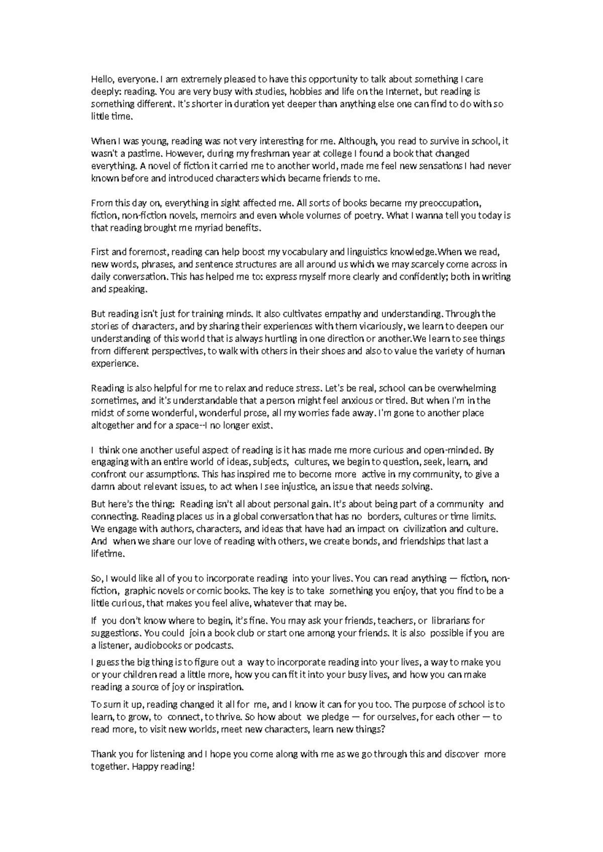 Benefits of Reading: A Speech on Its Impact and Importance - Studocu