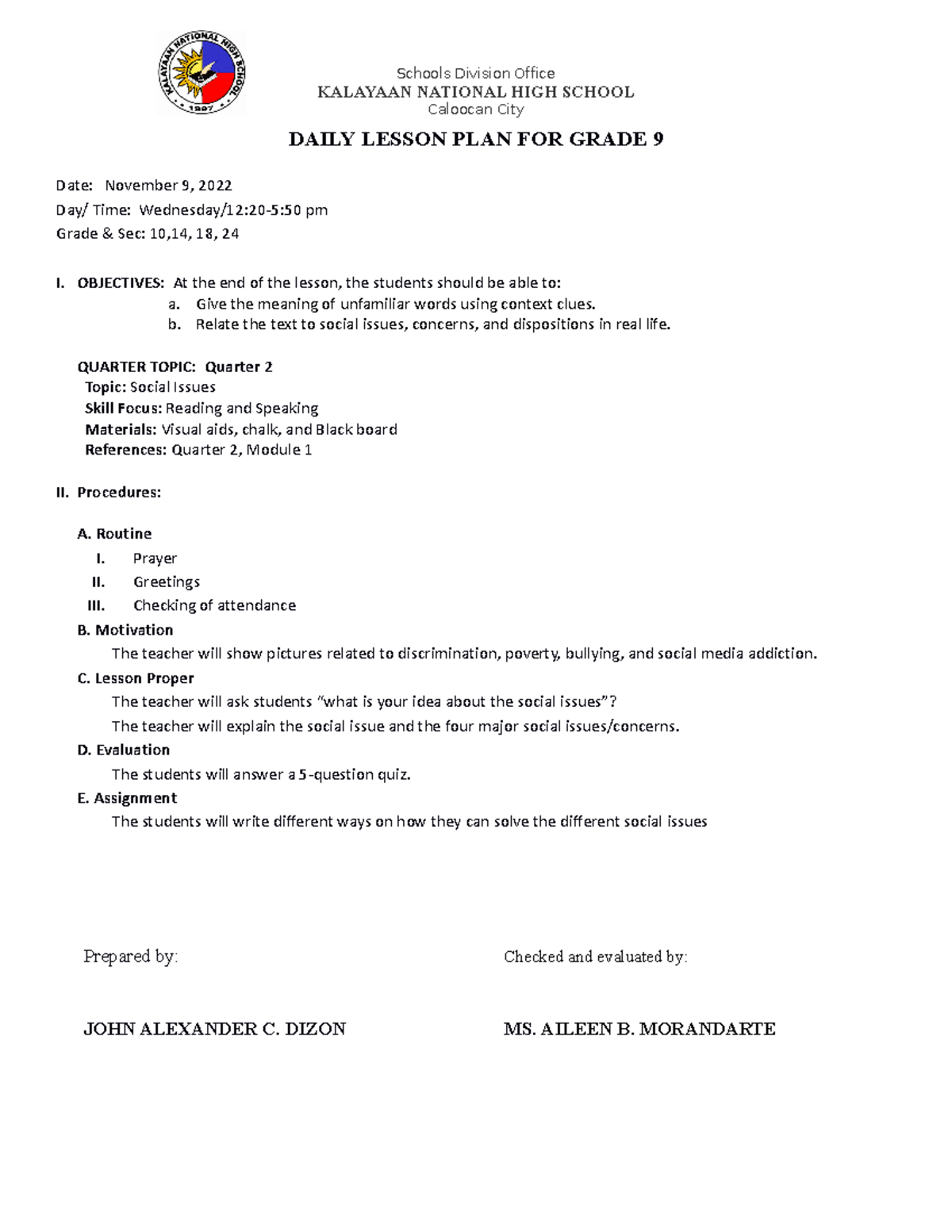 DLP G9: Understanding Social Issues - Lesson Plan for Nov. 9 - Studocu