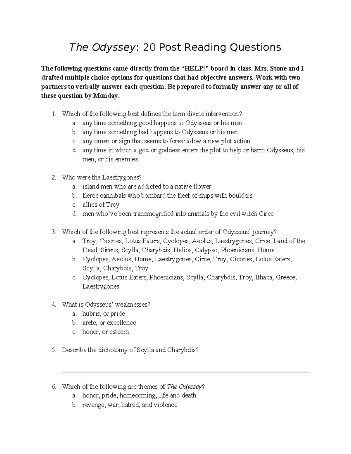 Odyssey Unit Test Review Questions - The Odyssey: 20 Post Reading ...