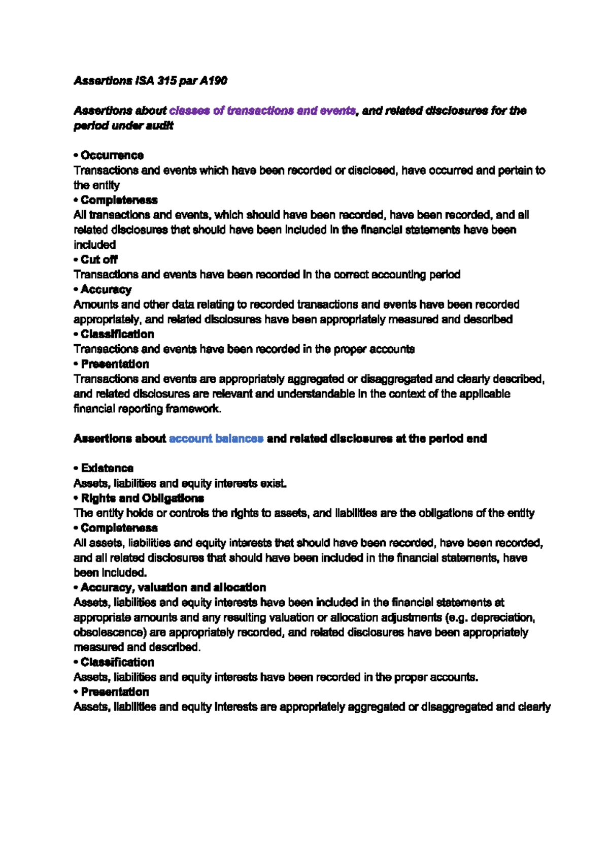 ISA 315 Assertions: Classes of Transactions & Account Balances - Studocu