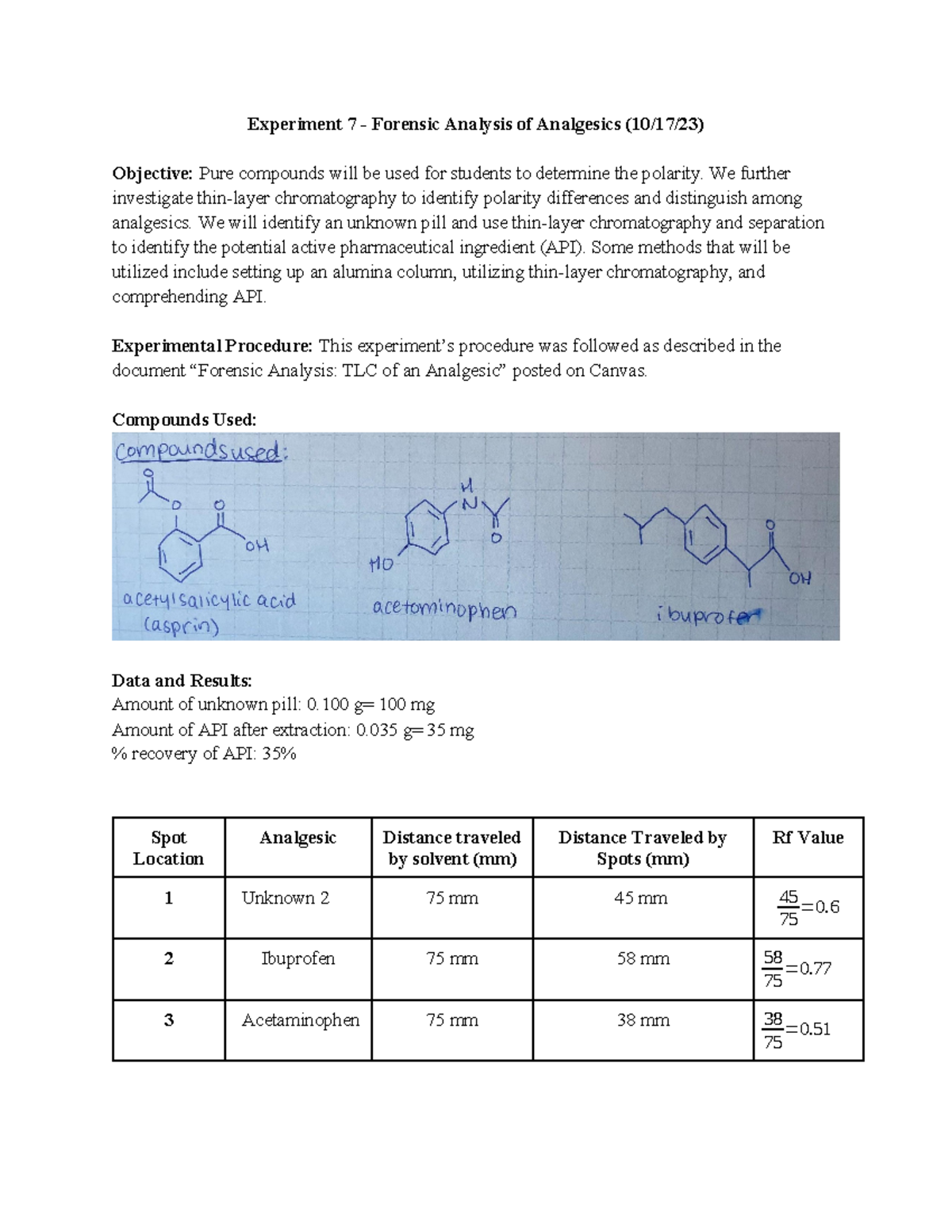 Orgo Lab 7: Forensic Analysis of Analgesics - TLC Techniques and ...