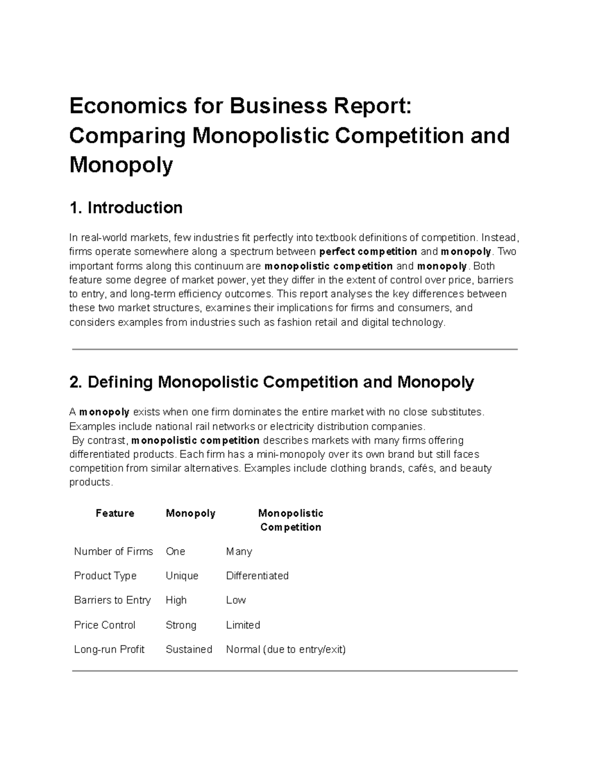 Economics for Business Report: Monopolistic Competition vs Monopoly ...