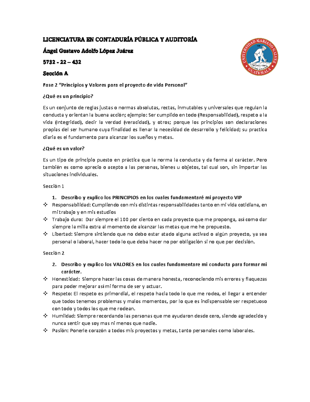 Fase II: Principios y Valores del Proyecto de Vida Personal - LIC ...