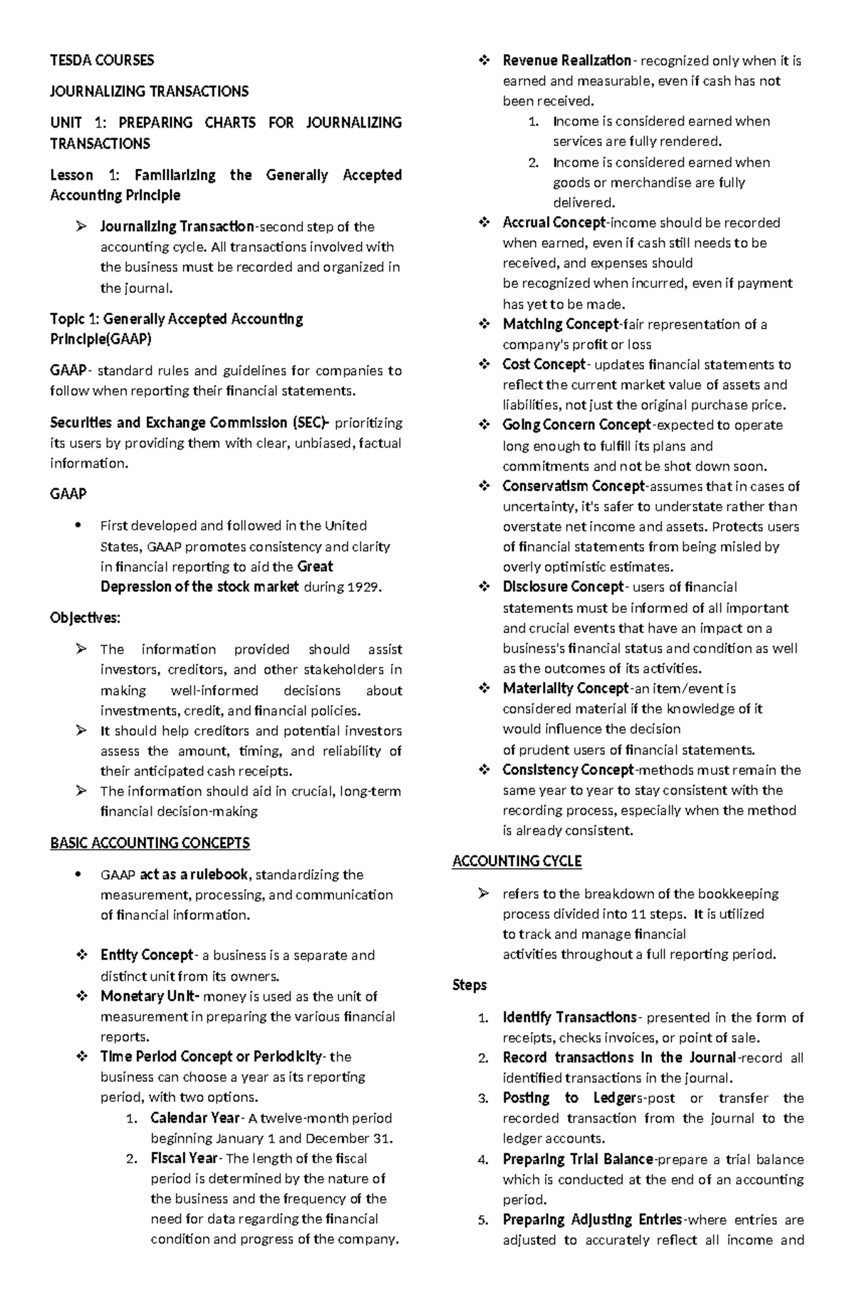 TESDA COURSES JOURNALIZING TRANSACTIONS UNIT 1: GAAP & ACCOUNTING CYCLE ...