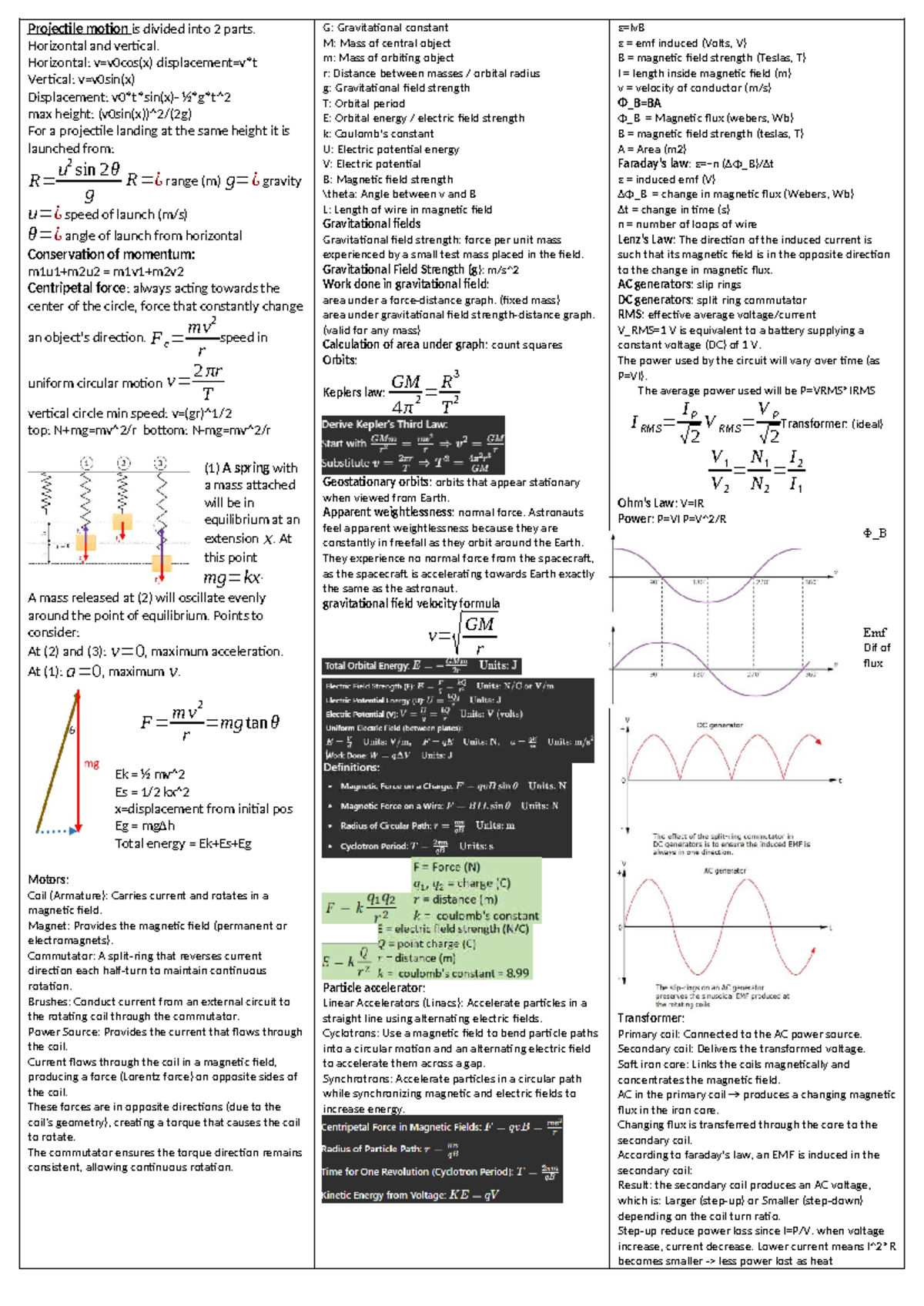 Unit 3 Cheat Sheet: Projectile Motion, Forces, and Energy Concepts - Studocu